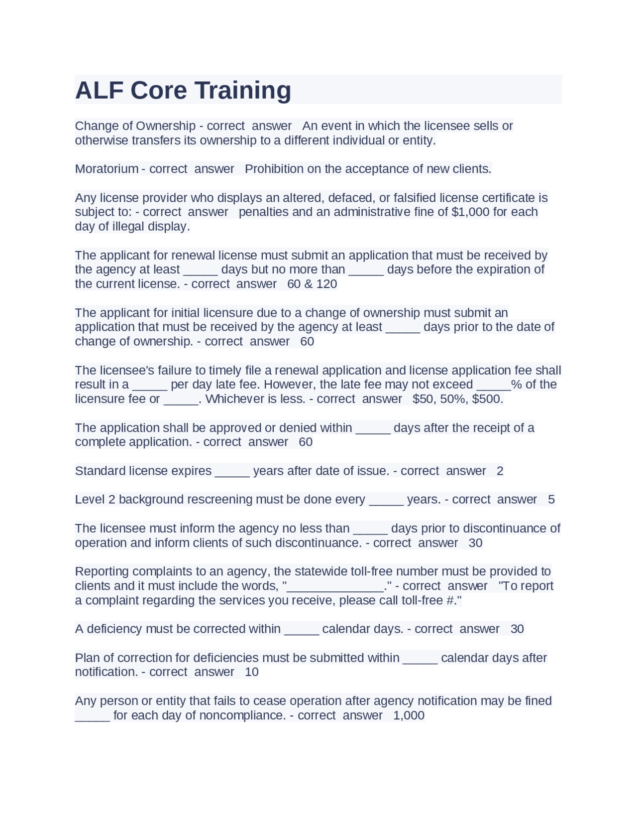 ALF Core Training b questions and answers verified 2024 | Exams Nursing ...