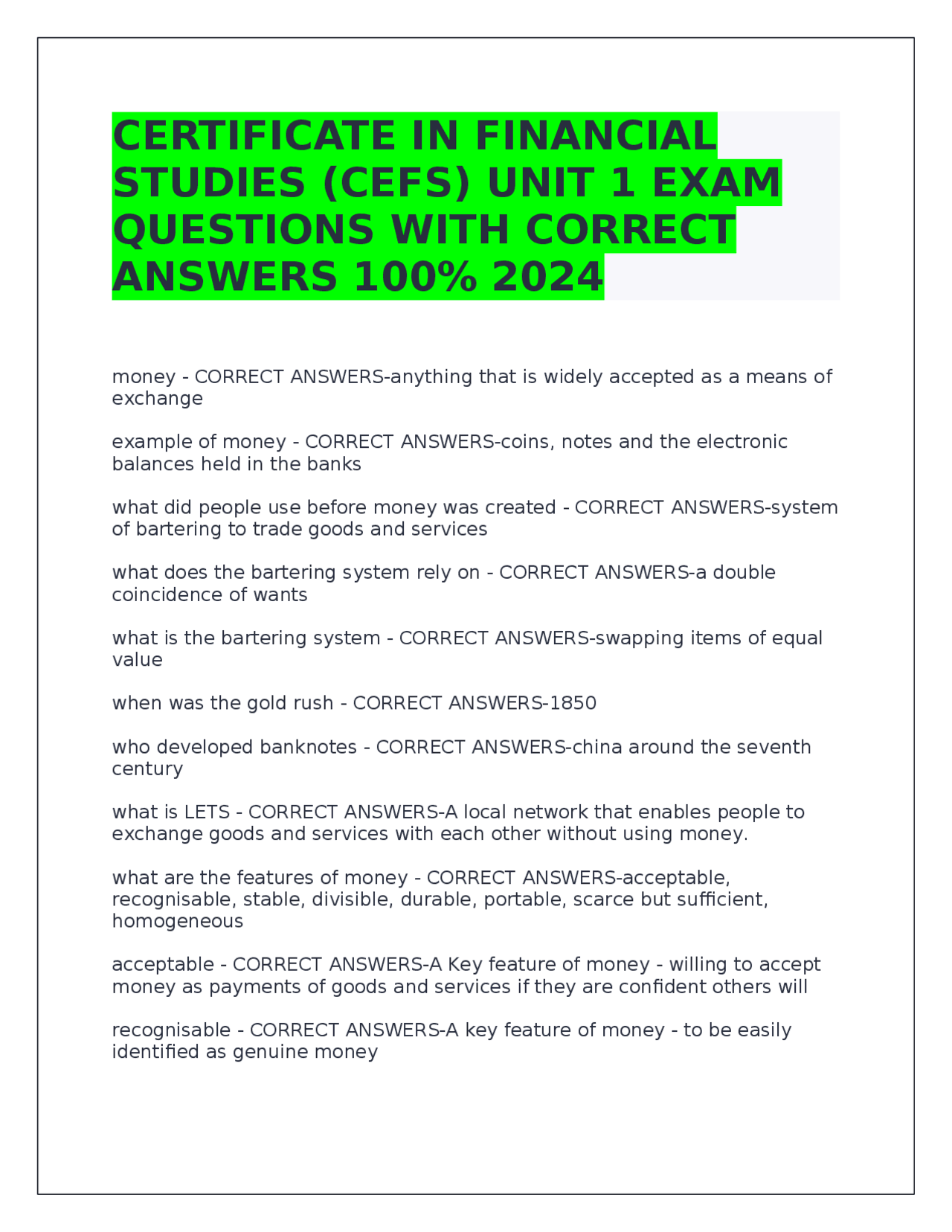 CERTIFICATE IN FINANCIAL STUDIES (CEFS) UNIT 1 EXAM QUESTIONS WITH CORRECT ANSWERS 100% 20 ...