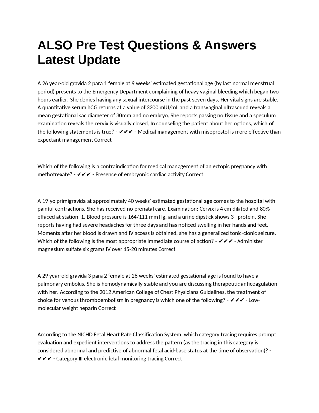 ALSO Pre Test Questions & Answers Latest Update | Exams Nursing | Docsity