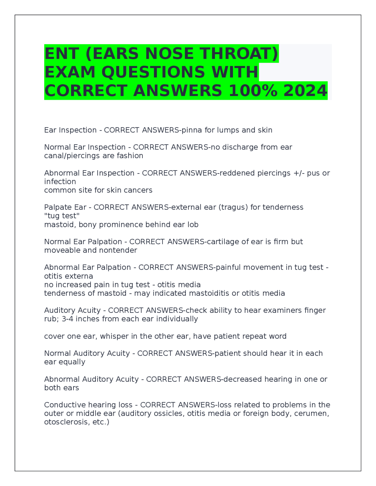 ENT (EARS NOSE THROAT) EXAM QUESTIONS WITH CORRECT ANSWERS 100% 2024 ...