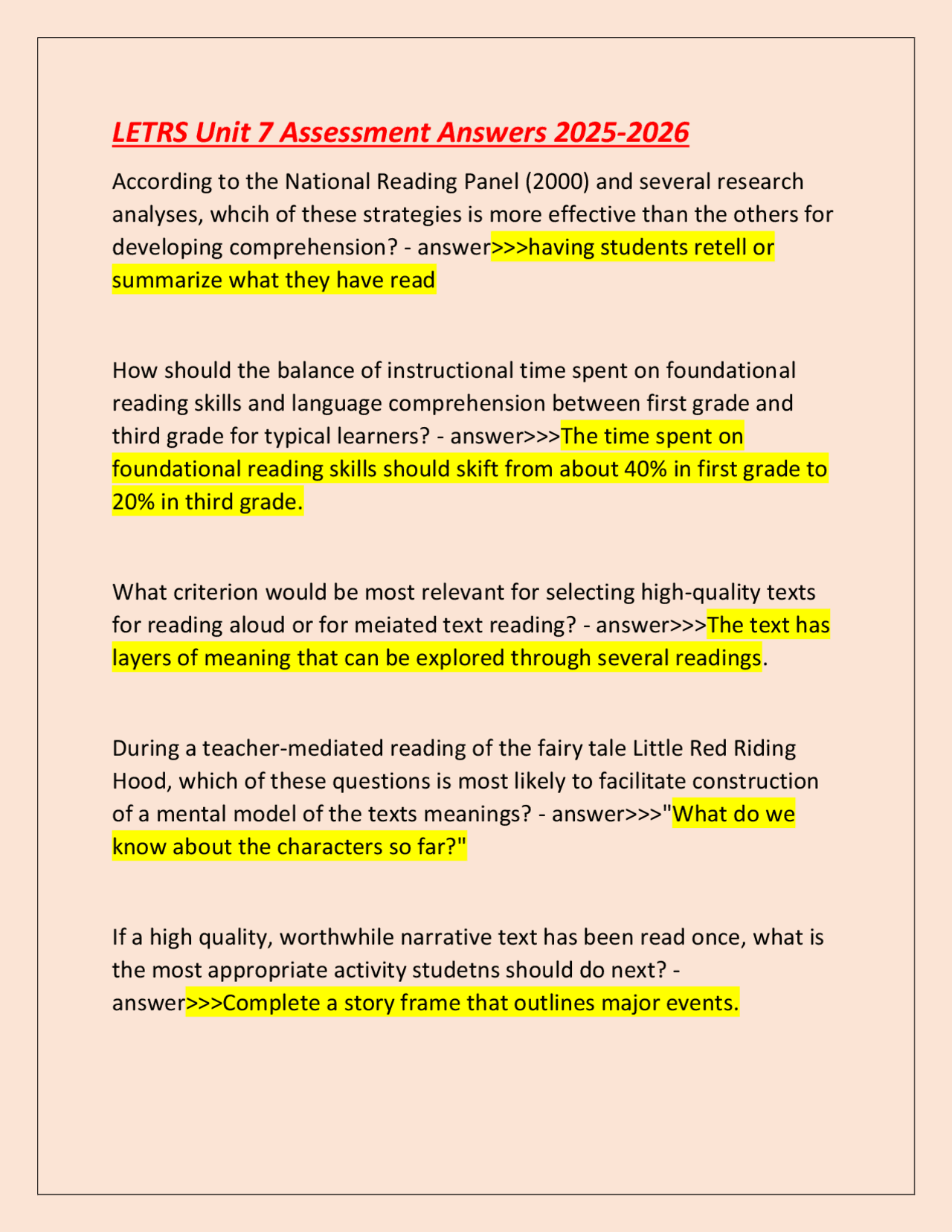 LETRS Unit 7 Assessment Answers 2025-2026 | Exams Personal Health | Docsity