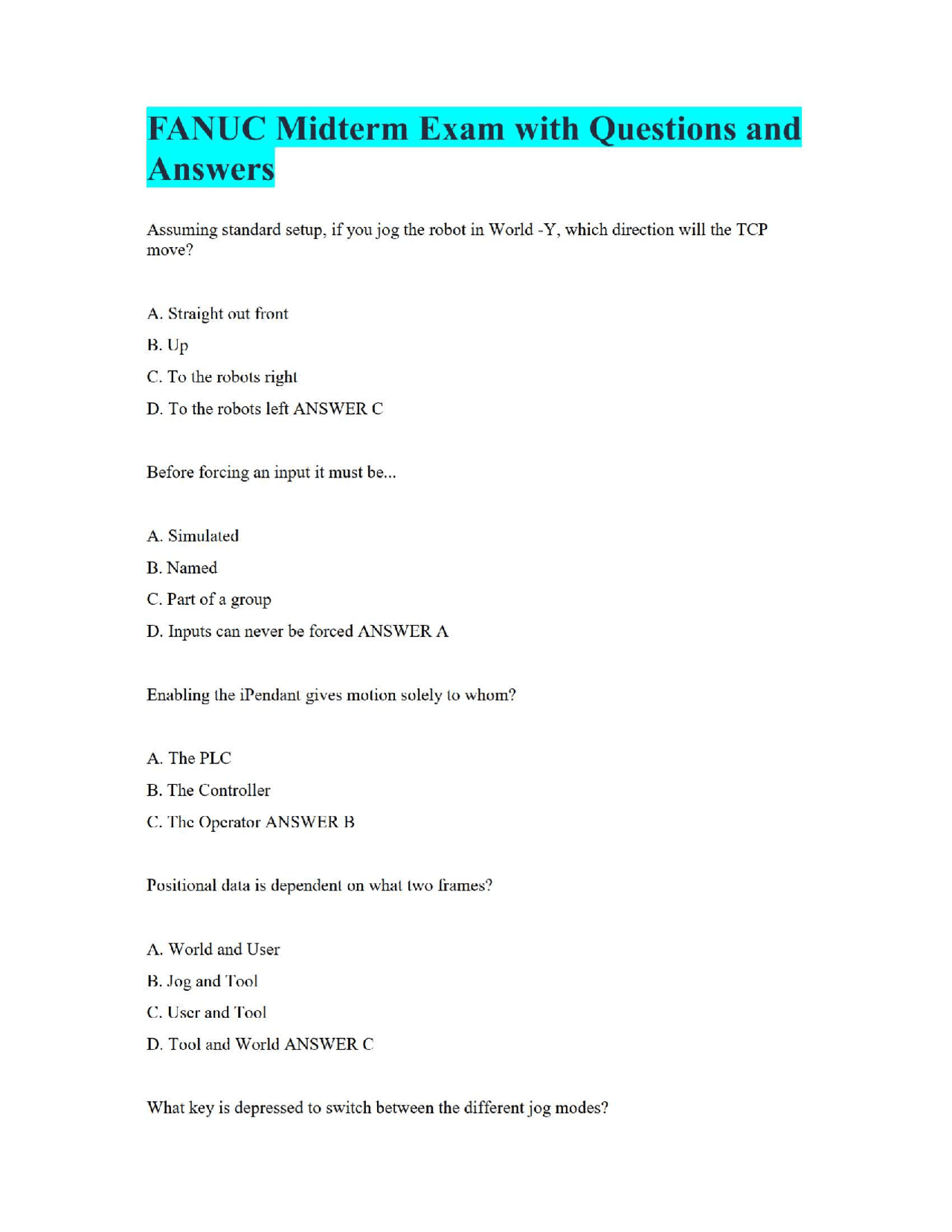 FANUC Midterm Exam with Questions and Answers | Exams Engineering | Docsity
