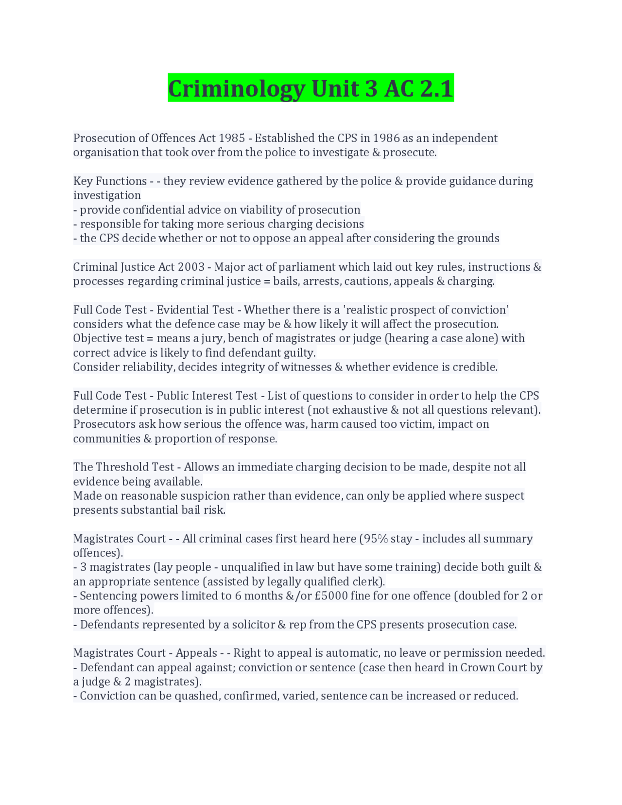 Criminology Unit 3 AC 2.1 | Exams Advanced Education | Docsity