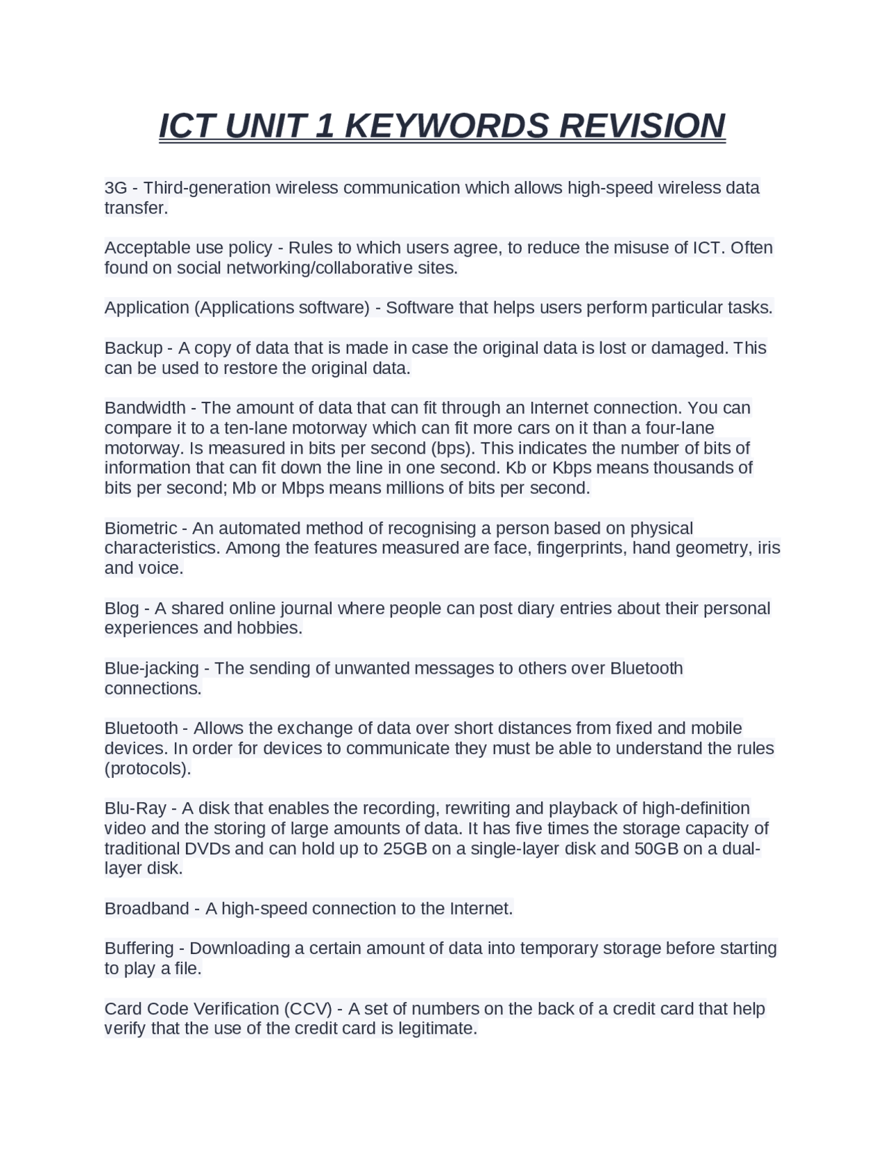 ICT UNIT 1 KEYWORDS REVISION | Exams Advanced Education | Docsity