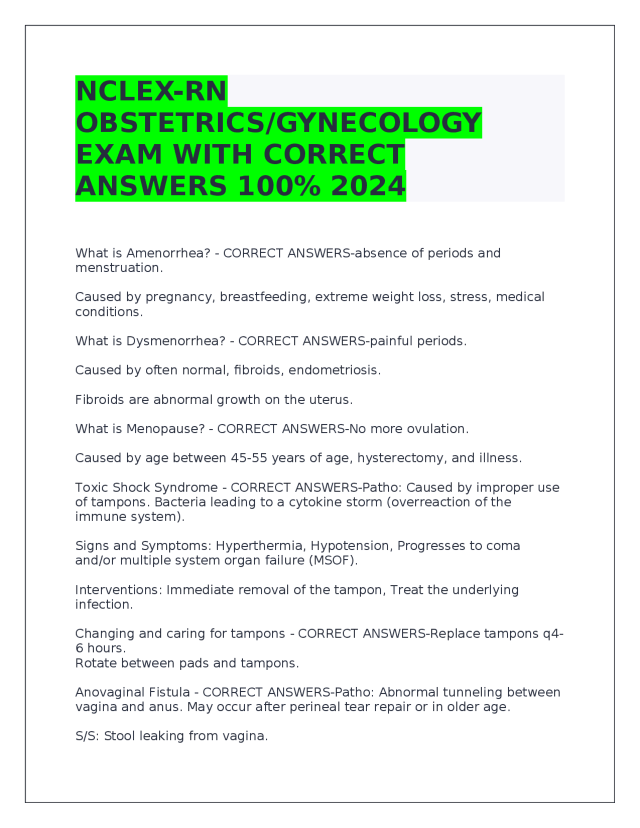 NCLEX-RN OBSTETRICS/GYNECOLOGY EXAM WITH CORRECT ANSWERS 100% 2024 | Exams Advanced Education ...
