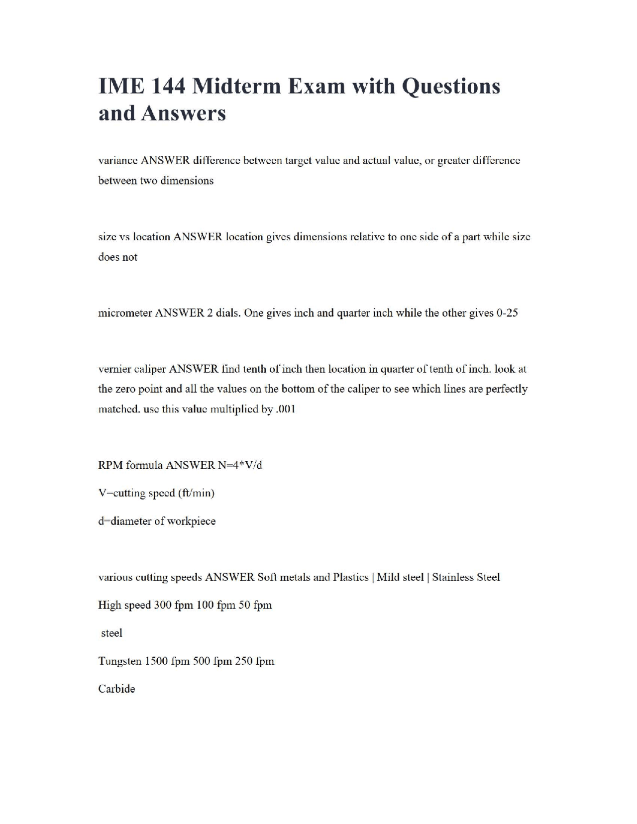 IME 144 Midterm Exam with Questions and Answers | Exams Mechanical Engineering | Docsity