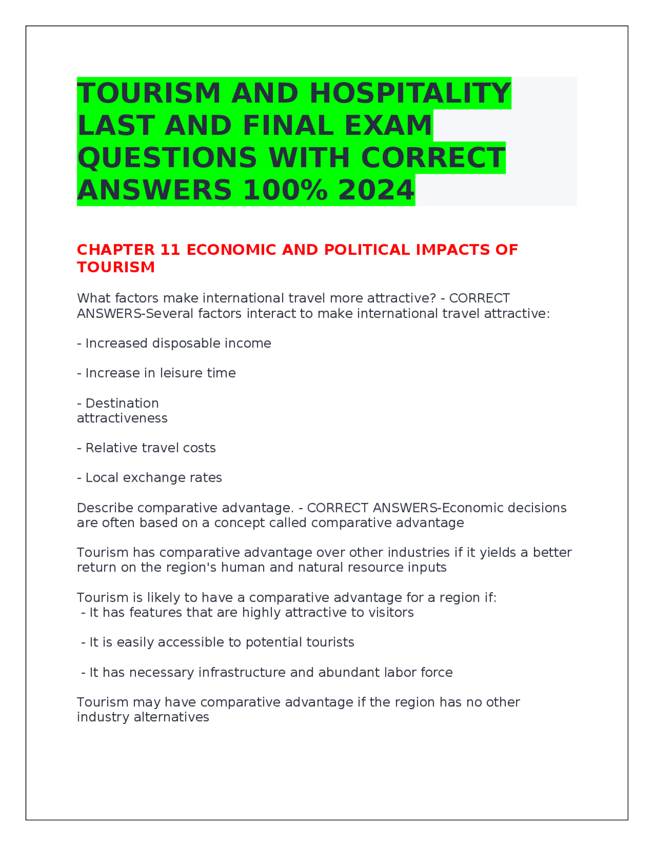 TOURISM AND HOSPITALITY LAST AND FINAL EXAM QUESTIONS WITH CORRECT ...