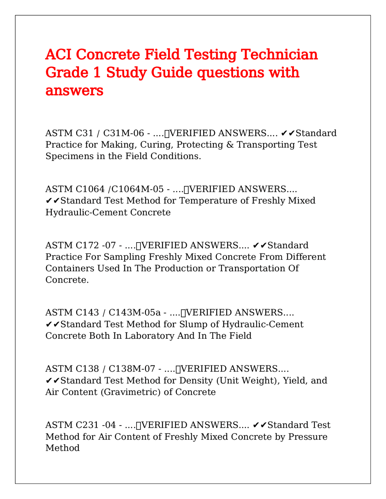 ACI Concrete Field Testing Technician Grade 1 Study Guide questions ...