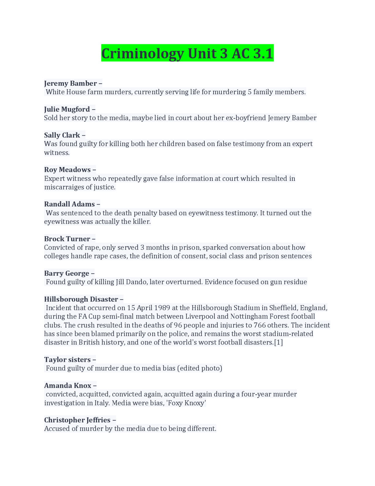 Criminology Unit 3 AC 3.1 | Exams Advanced Education | Docsity