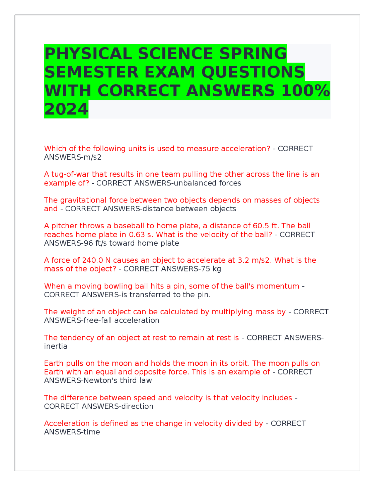 PHYSICAL SCIENCE SPRING SEMESTER EXAM QUESTIONS WITH CORRECT ANSWERS 100% 2024 | Exams Advanced ...