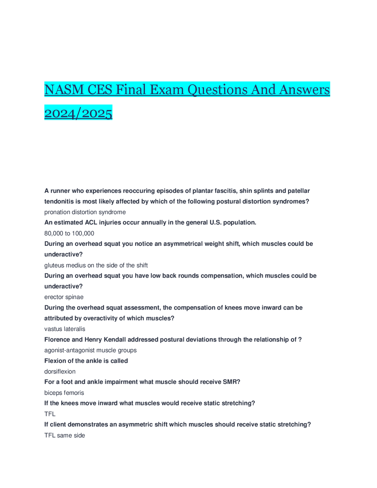 NASM CES Final Exam Questions And Answers 2024/2025 | Exams Physical ...