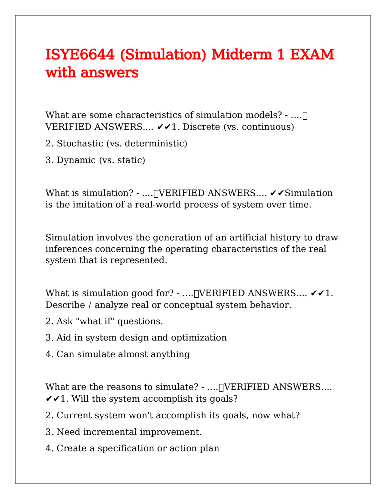 ISYE6644 (Simulation) Midterm 1 EXAM with answers | Exams Mathematical Modeling and Simulation ...