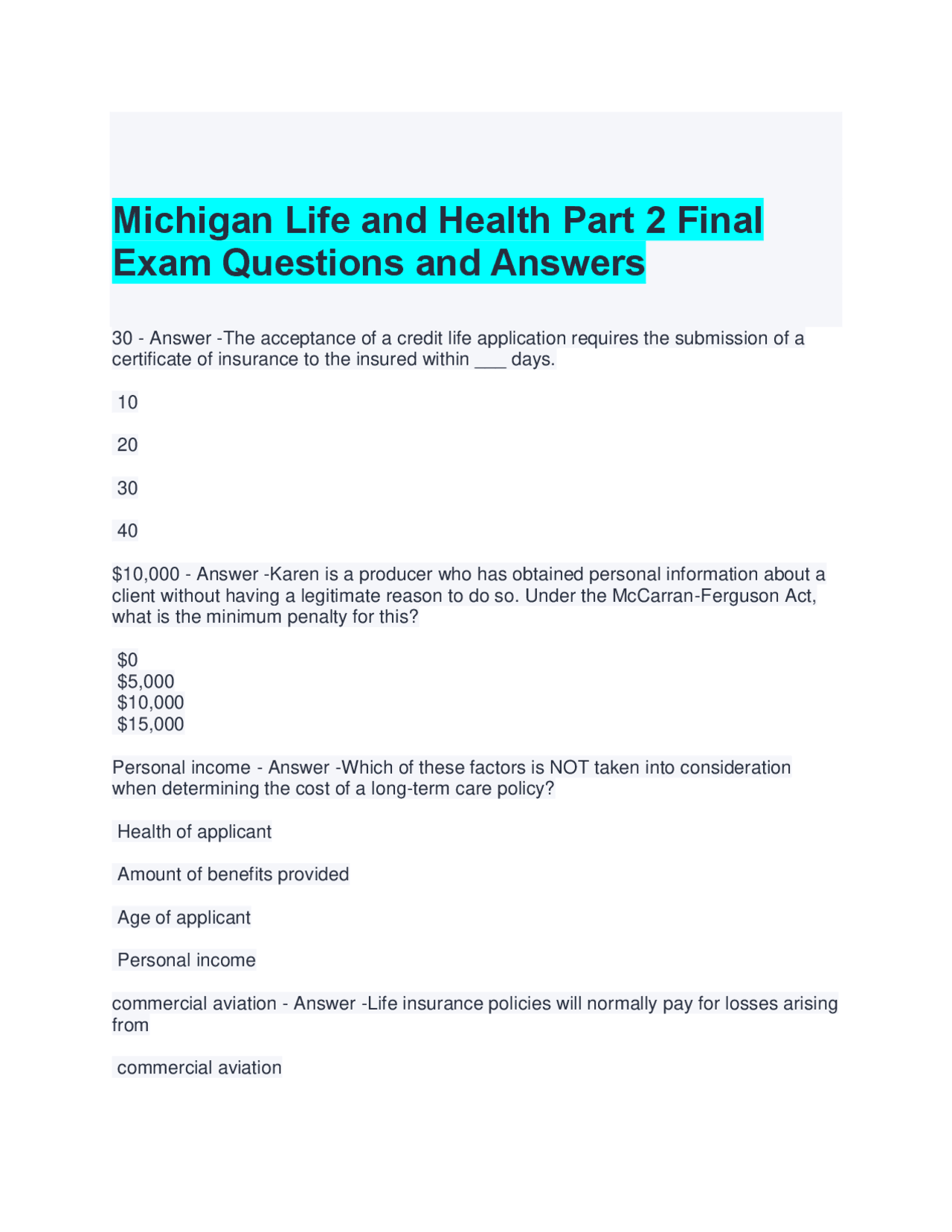 Michigan Life and Health Part 2 Final Exam Questions and Answers ...