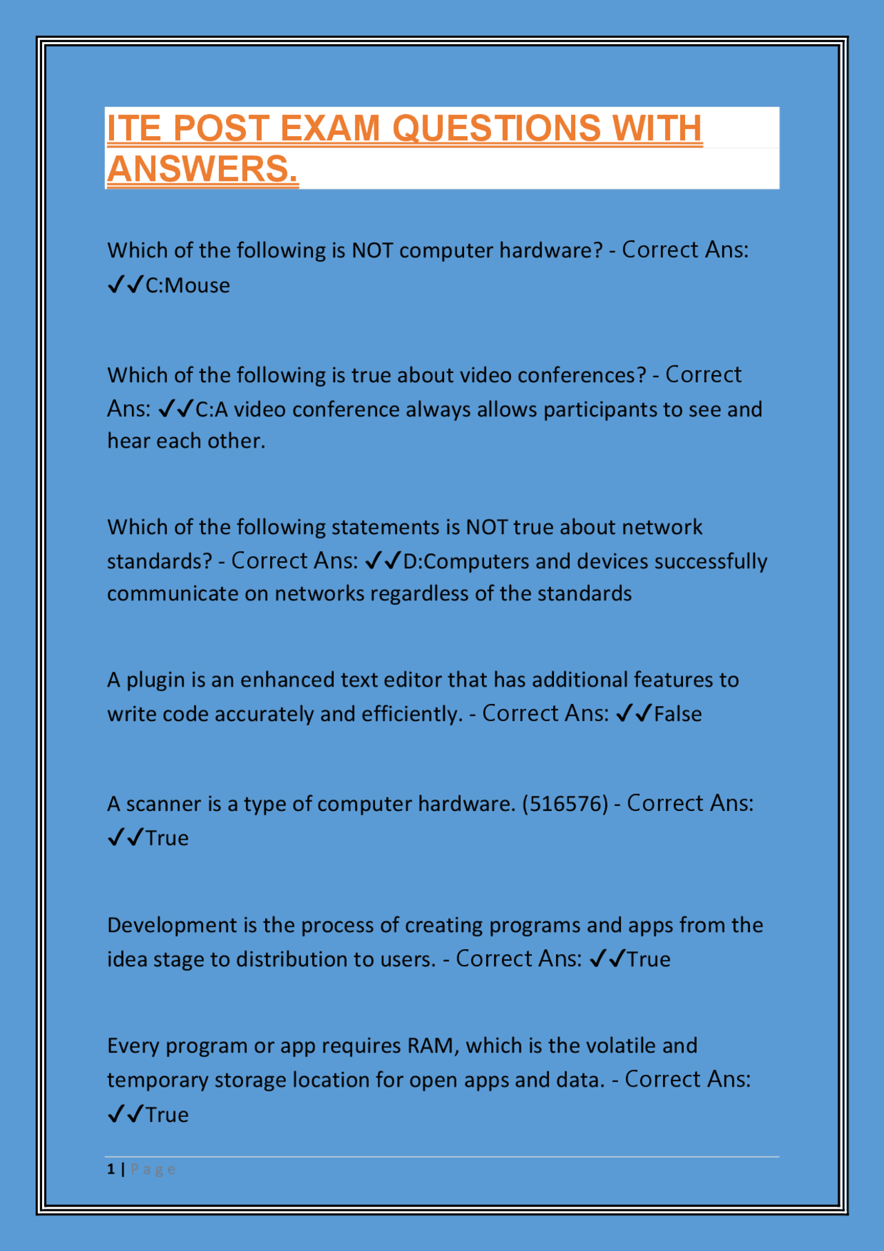 ITE POST EXAM QUESTIONS WITH ANSWERS. | Exams Computer Applications | Docsity