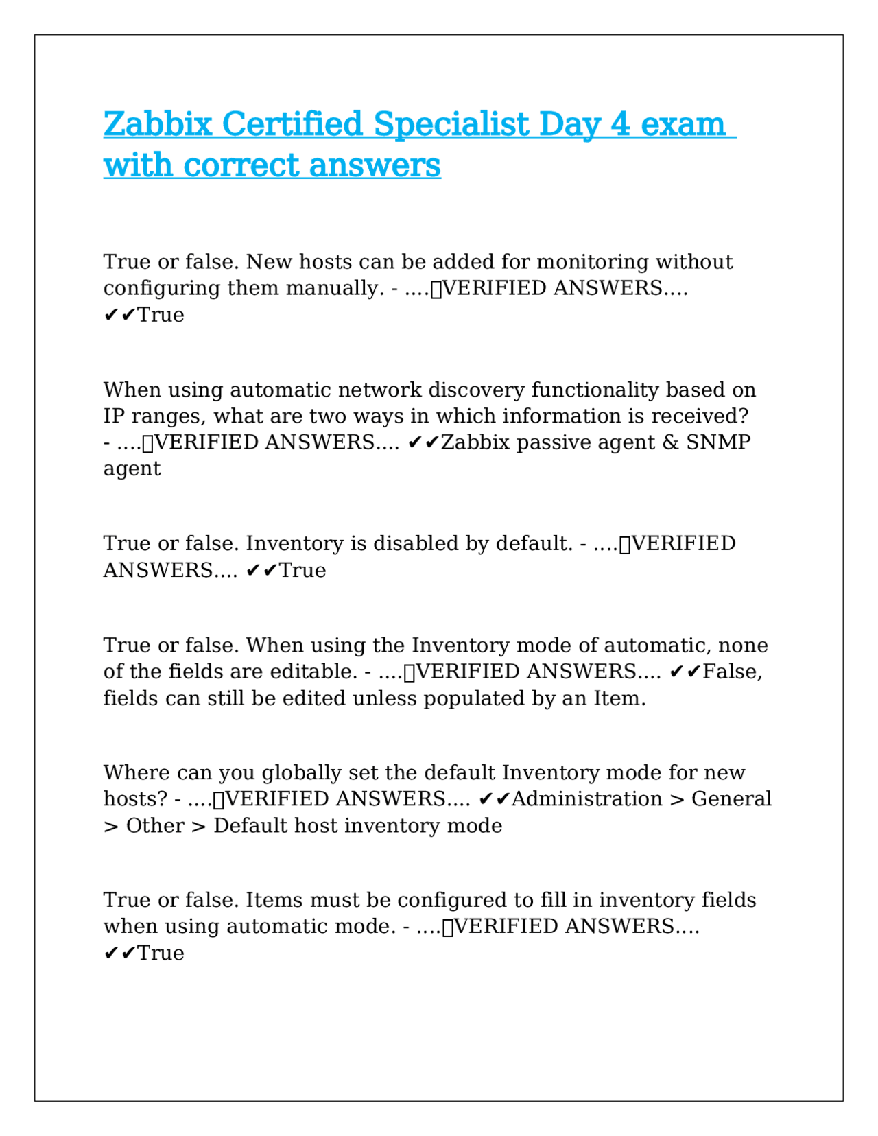 Zabbix Certified Specialist Day 4 exam with correct answers | Exams Database Programming | Docsity