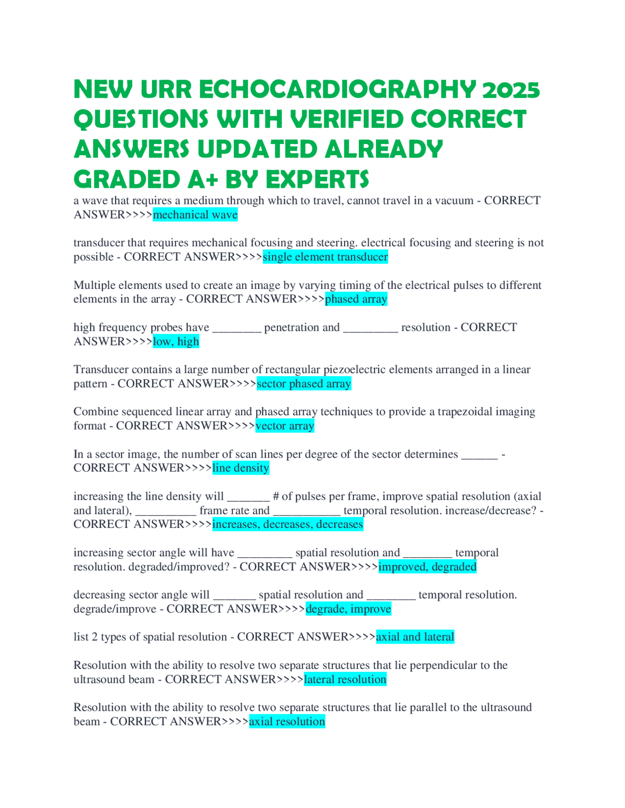 NEW URR ECHOCARDIOGRAPHY 2025 QUESTIONS WITH VERIFIED CORRECT ANSWERS UPDATED ALREADY GRAD ...