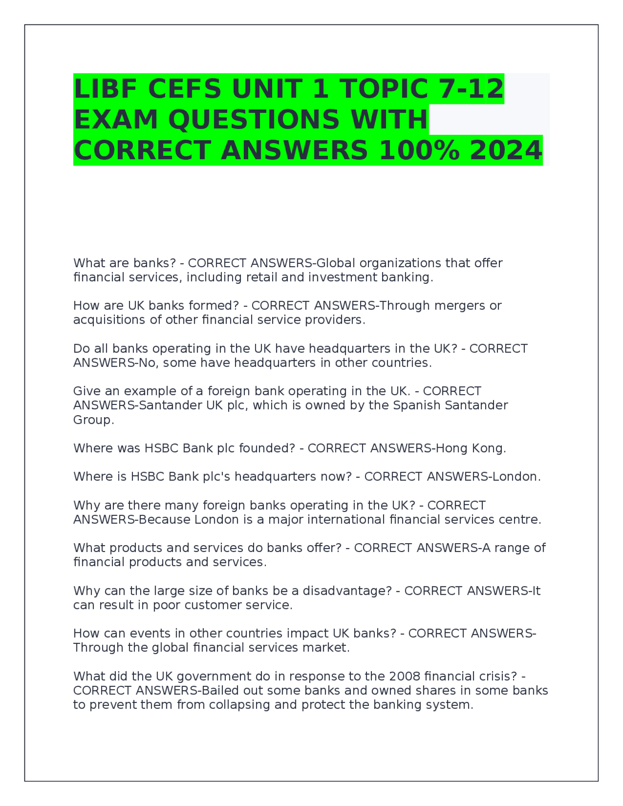 LIBF CEFS UNIT 1 TOPIC 7-12 EXAM QUESTIONS WITH CORRECT ANSWERS 100% ...