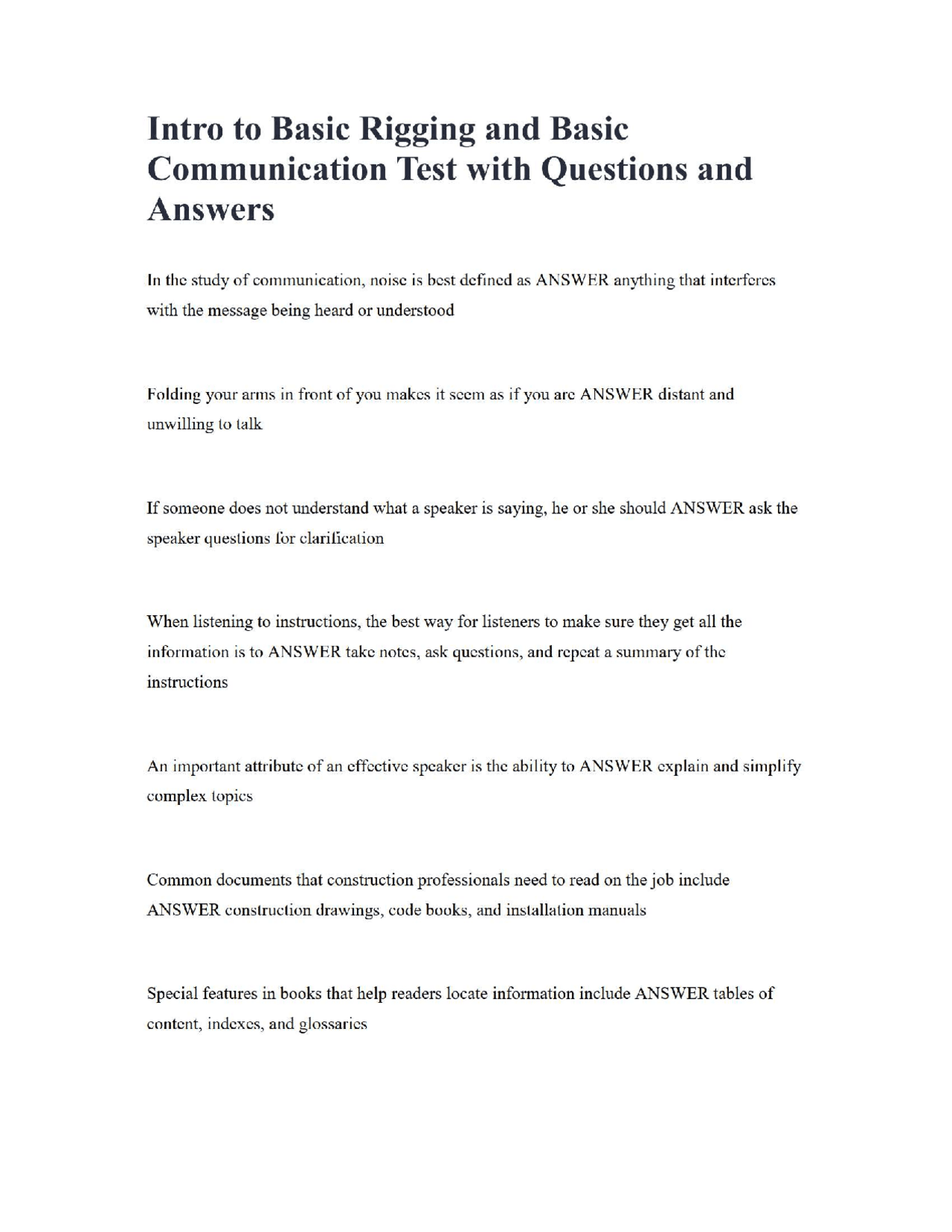 Intro to Basic Rigging and Basic Communication Test with Questions and ...