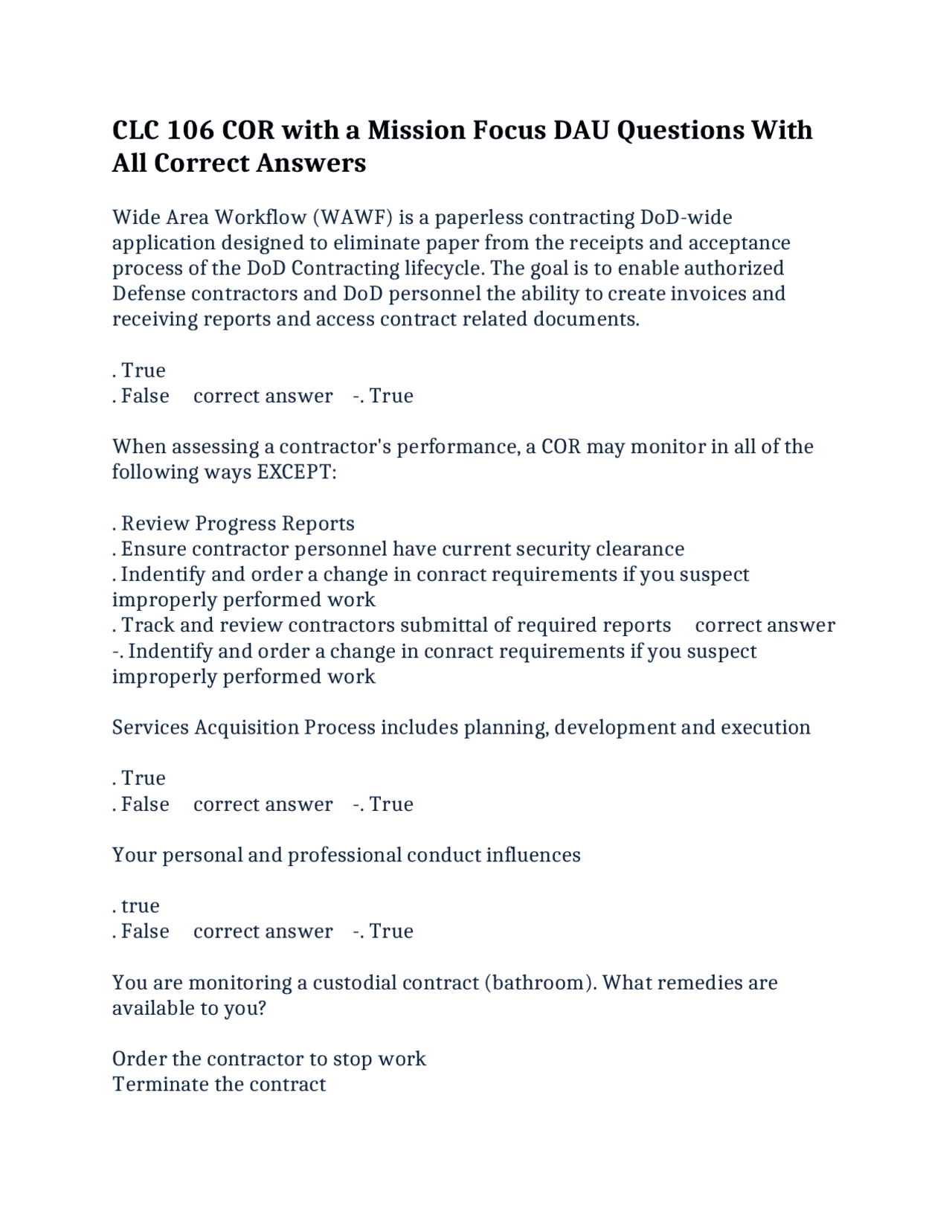 CLC 106 COR with a Mission Focus DAU Questions With All Correct Answers ...
