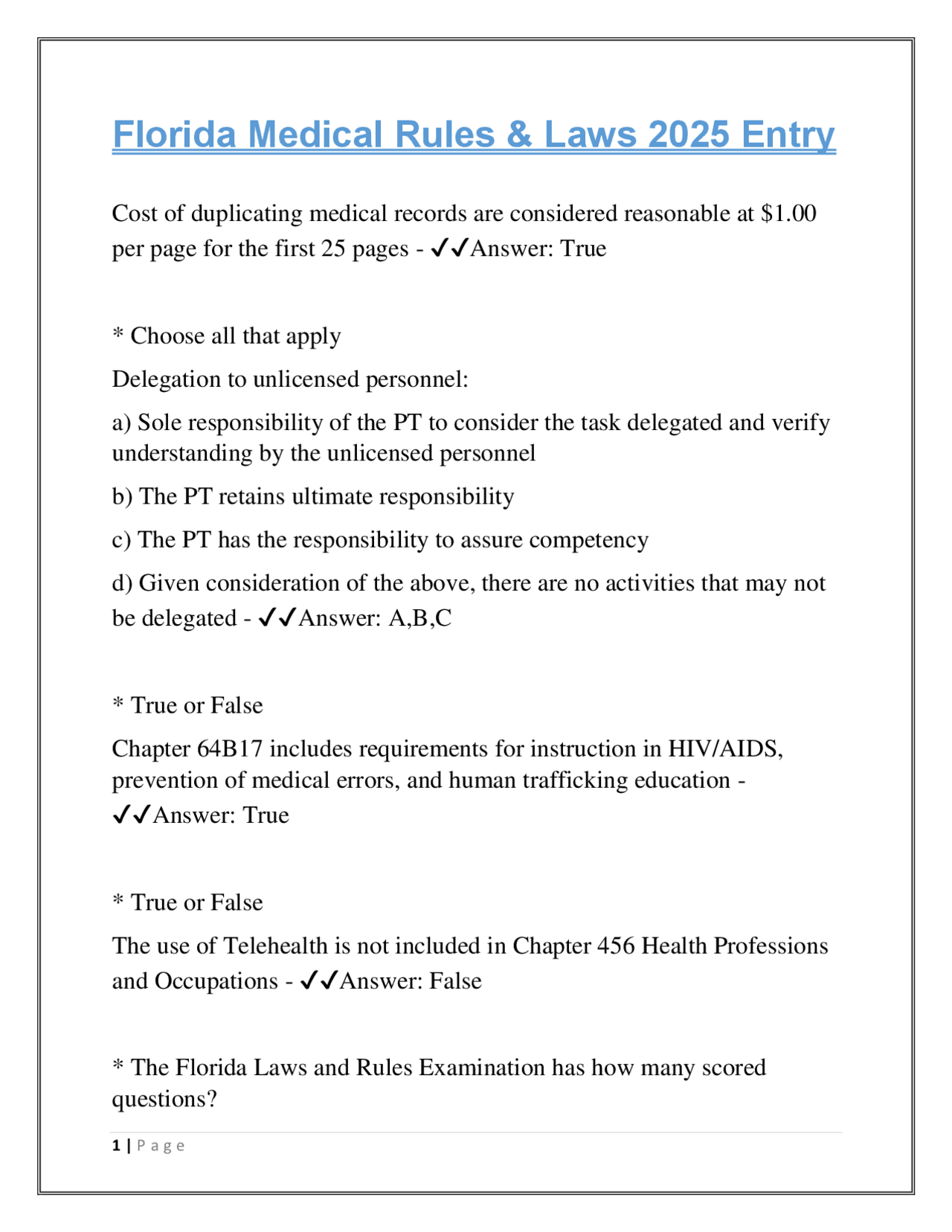 Florida Medical Rules & Laws 2025 Entry | Exams Legal medicine | Docsity