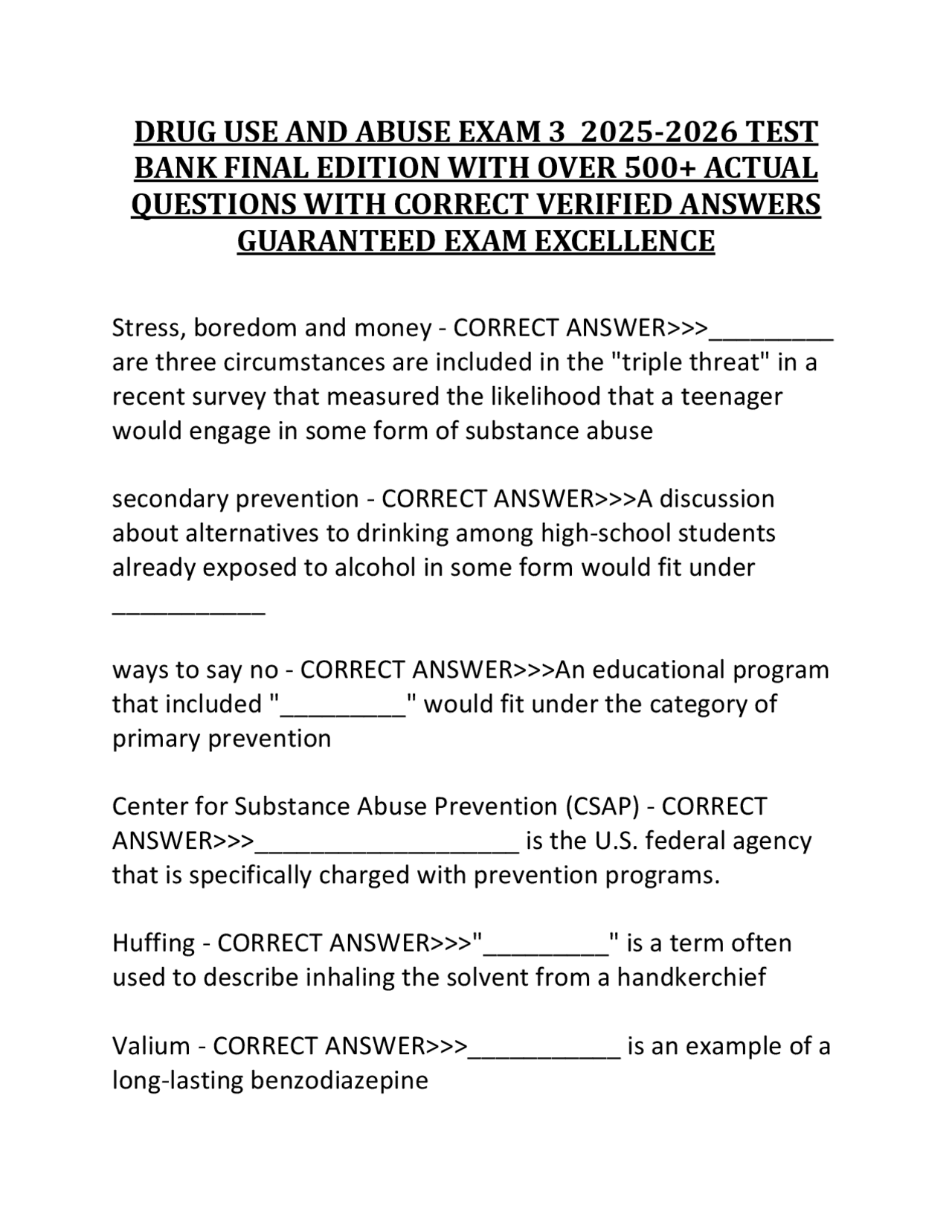 DRUG USE AND ABUSE EXAM 3 2025-2026 TEST BANK FINAL EDITION WITH OVER ...