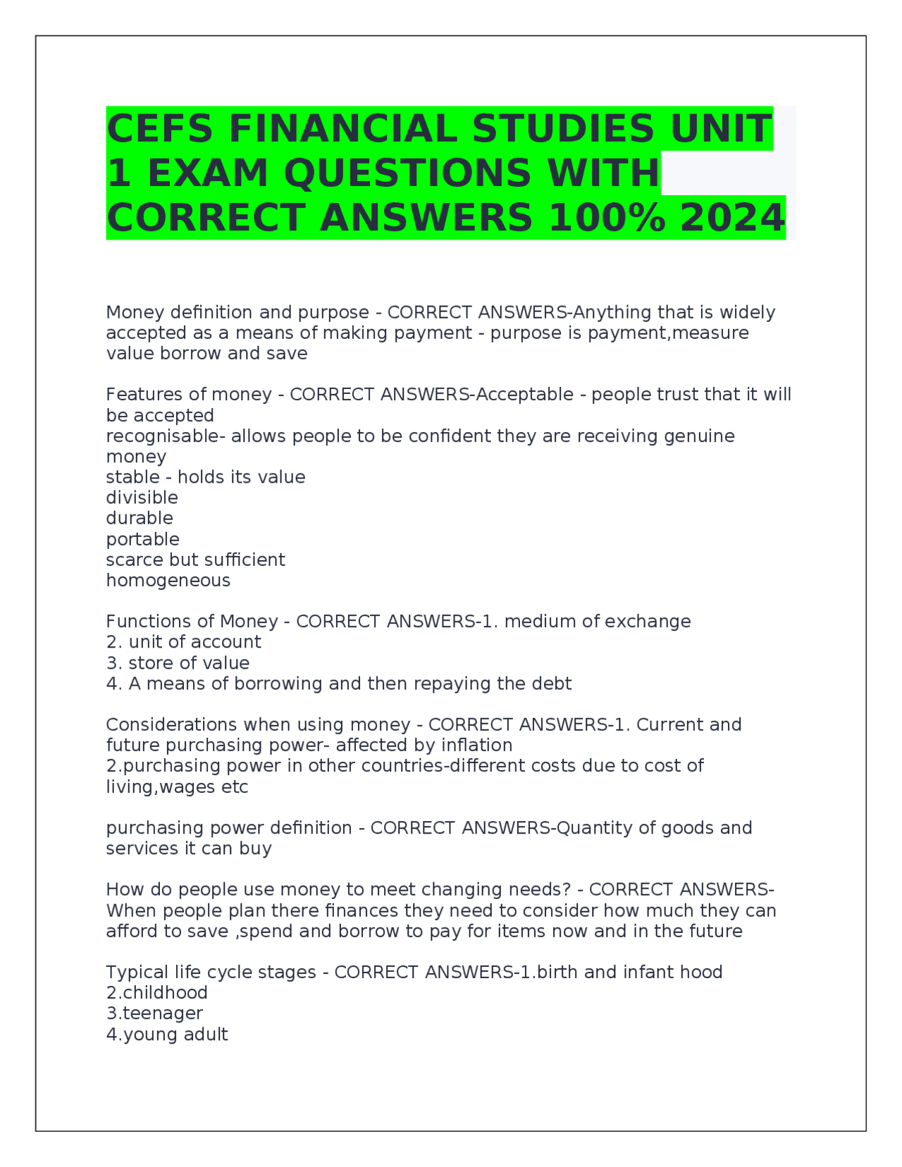 CEFS FINANCIAL STUDIES UNIT 1 EXAM QUESTIONS WITH CORRECT ANSWERS 100% 2024 | Exams Advanced ...