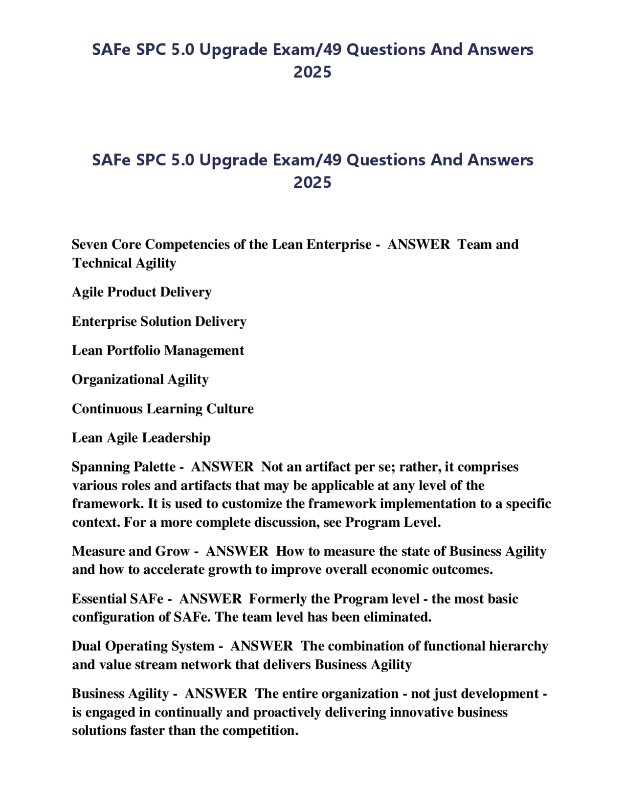 SAFe SPC 5.0 Upgrade Exam 49 Questions And Answers 2025 | Exams Nursing ...