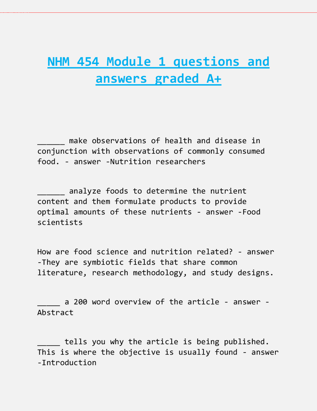 NHM 454 Module 1 questions and answers graded A+.pdf | Exams Nursing ...
