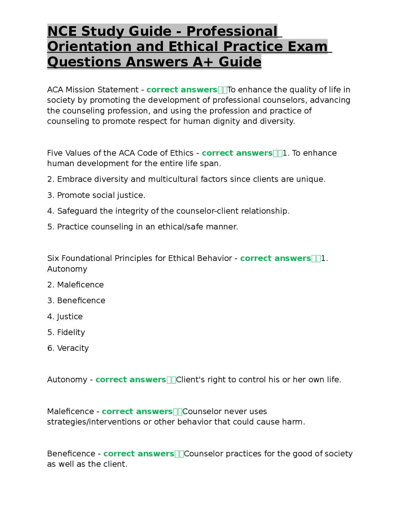 NCE Study Guide - Professional Orientation and Ethical Practice Exam ...