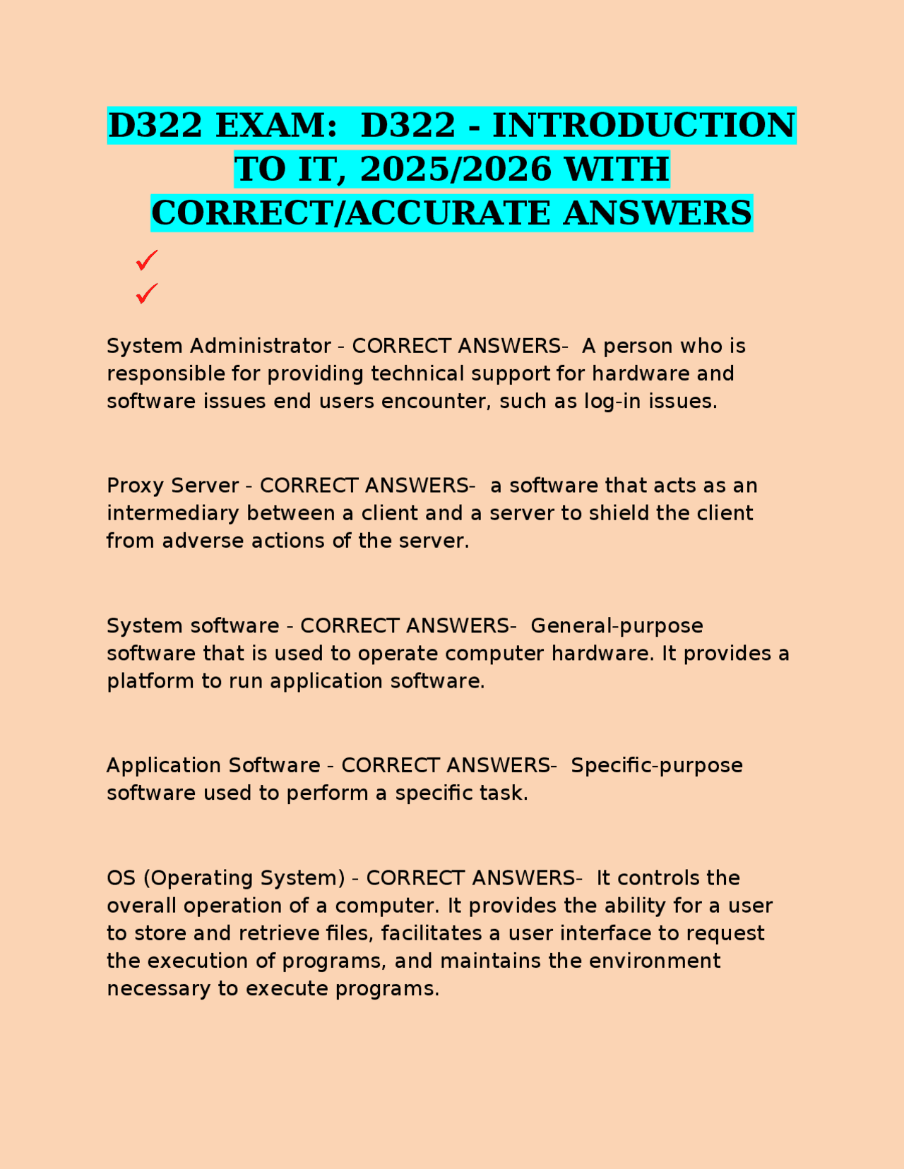 D322 EXAM: D322 - INTRODUCTION TO IT, 2025/2026 WITH CORRECT/ACCURATE ...