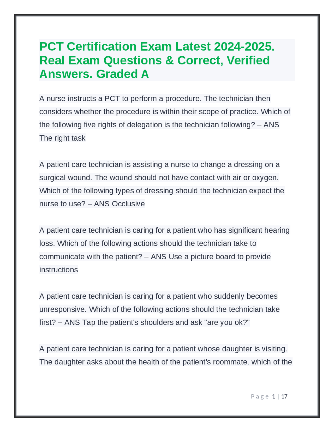 PCT Certification Exam Latest 2024-2025. Real Exam Questions & Correct ...
