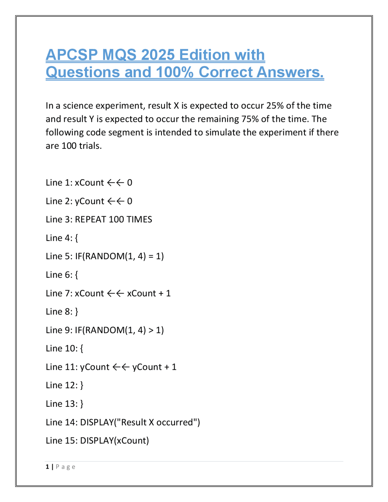 APCSP MQS 2025 Edition with Questions and 100% Correct Answers. | Exams ...