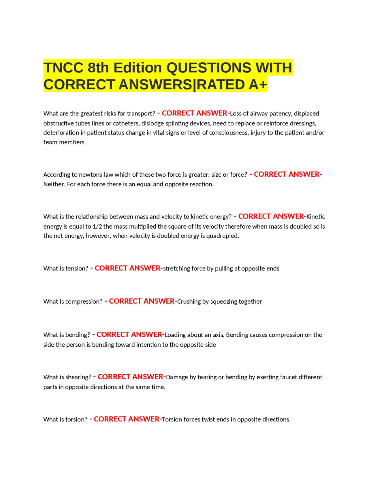 TNCC 8th Edition QUESTIONS WITH CORRECT ANSWERS|RATED A+ | Exams ...