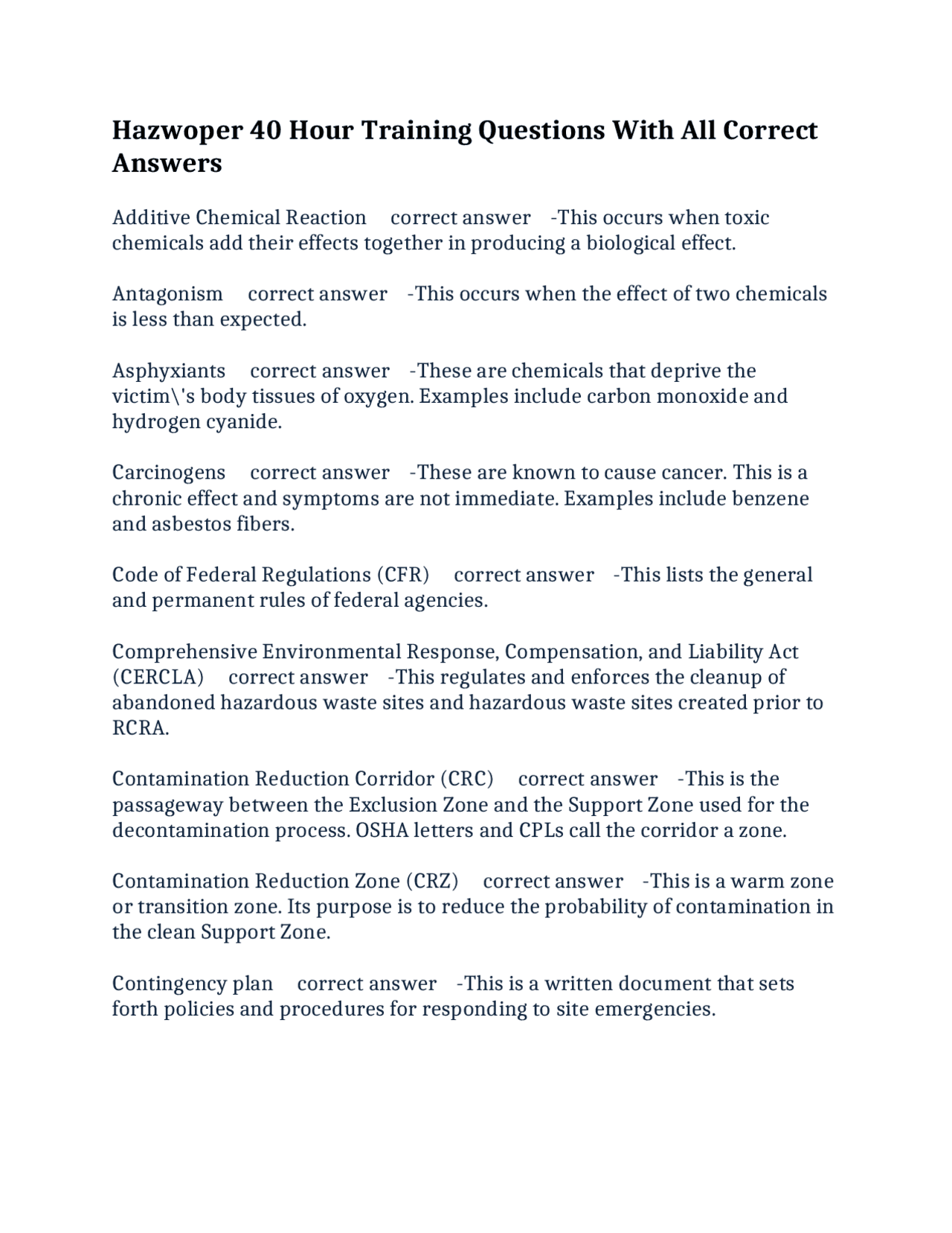Hazwoper 40 Hour Training Questions With All Correct Answers | Quizzes ...