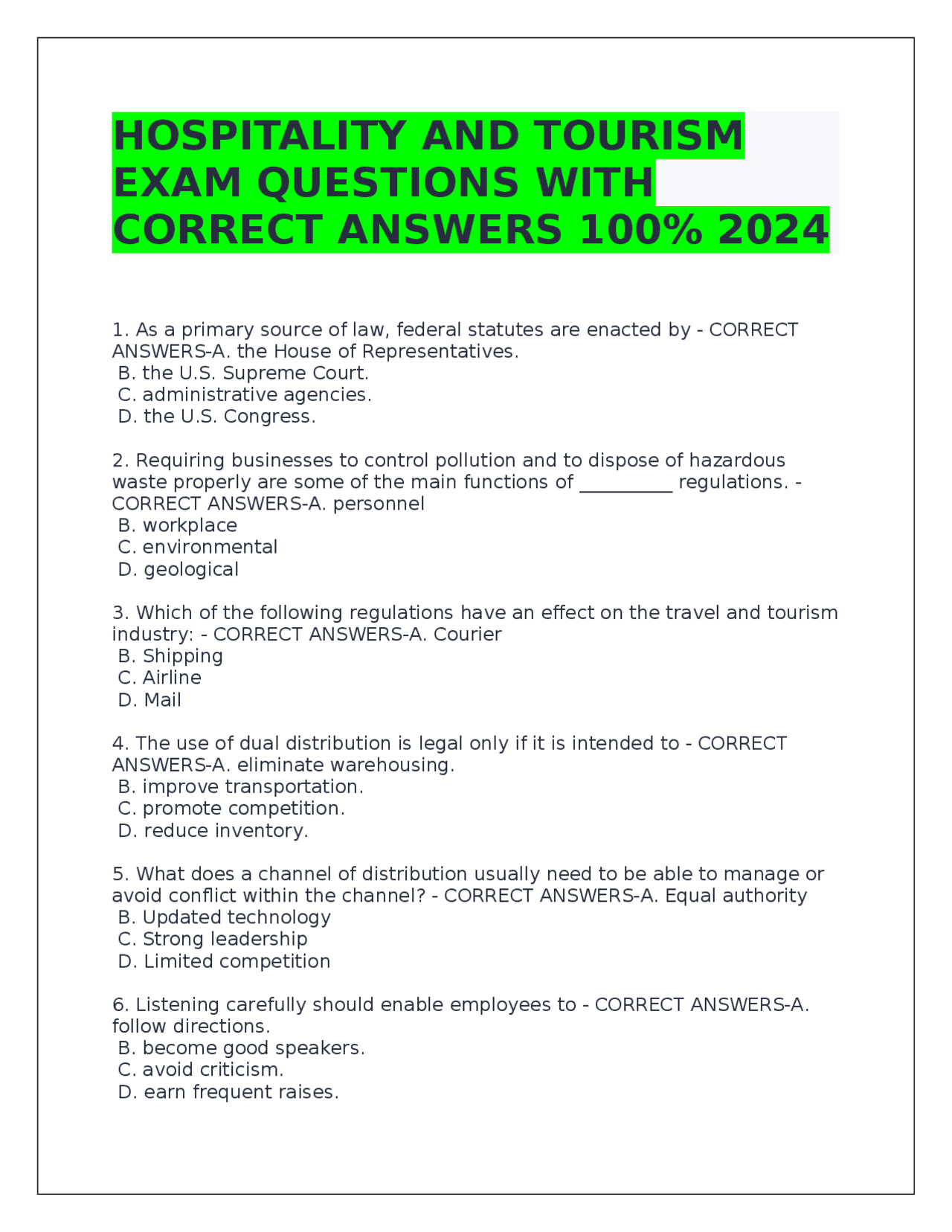 HOSPITALITY AND TOURISM EXAM QUESTIONS WITH CORRECT ANSWERS 100% 2024 ...