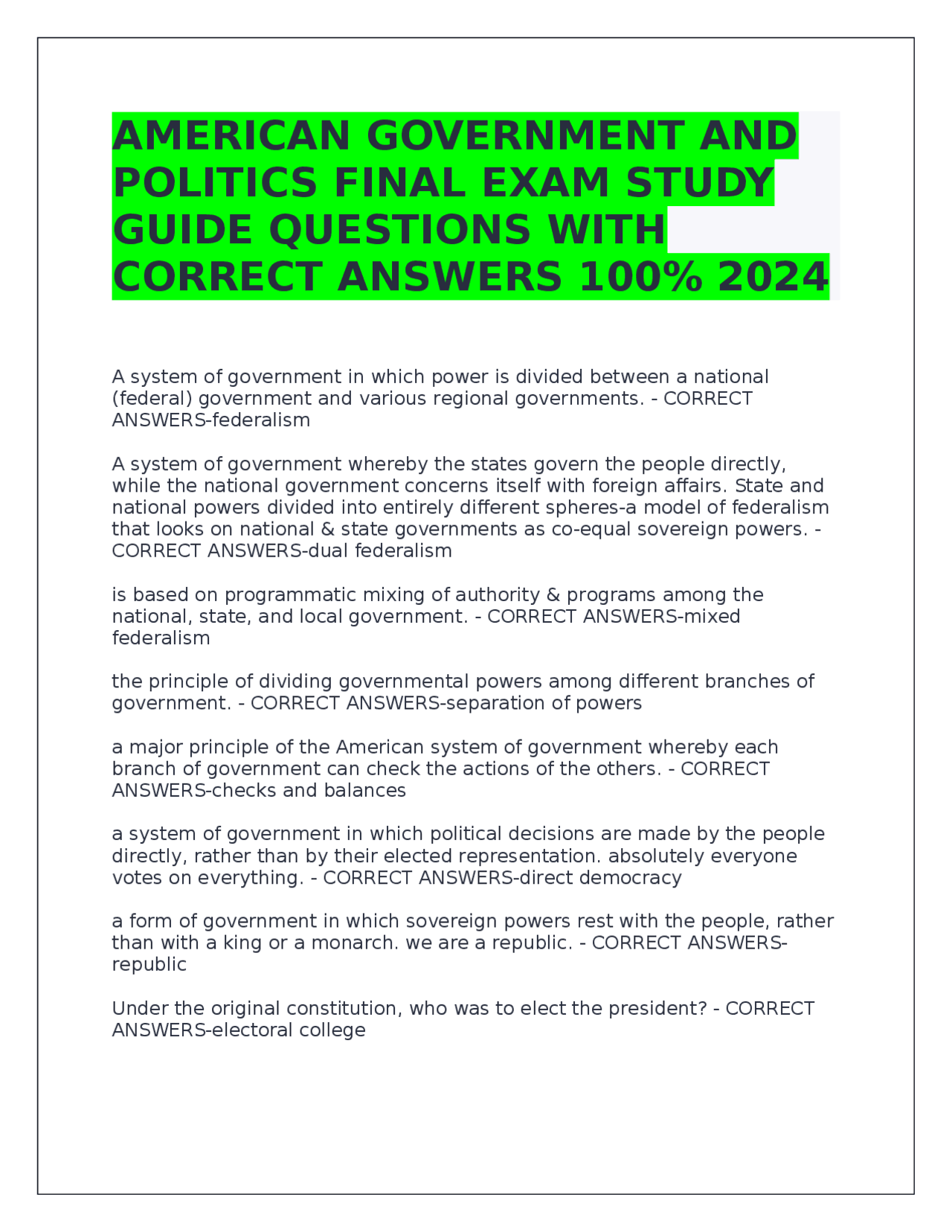 AMERICAN GOVERNMENT AND POLITICS FINAL EXAM STUDY GUIDE QUESTIONS WITH ...