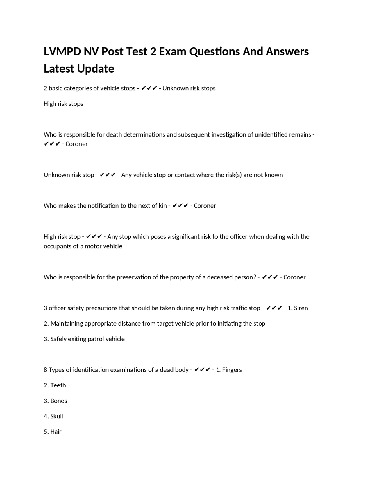 LVMPD NV Post Test 2 Exam Questions And Answers | Exams Law | Docsity