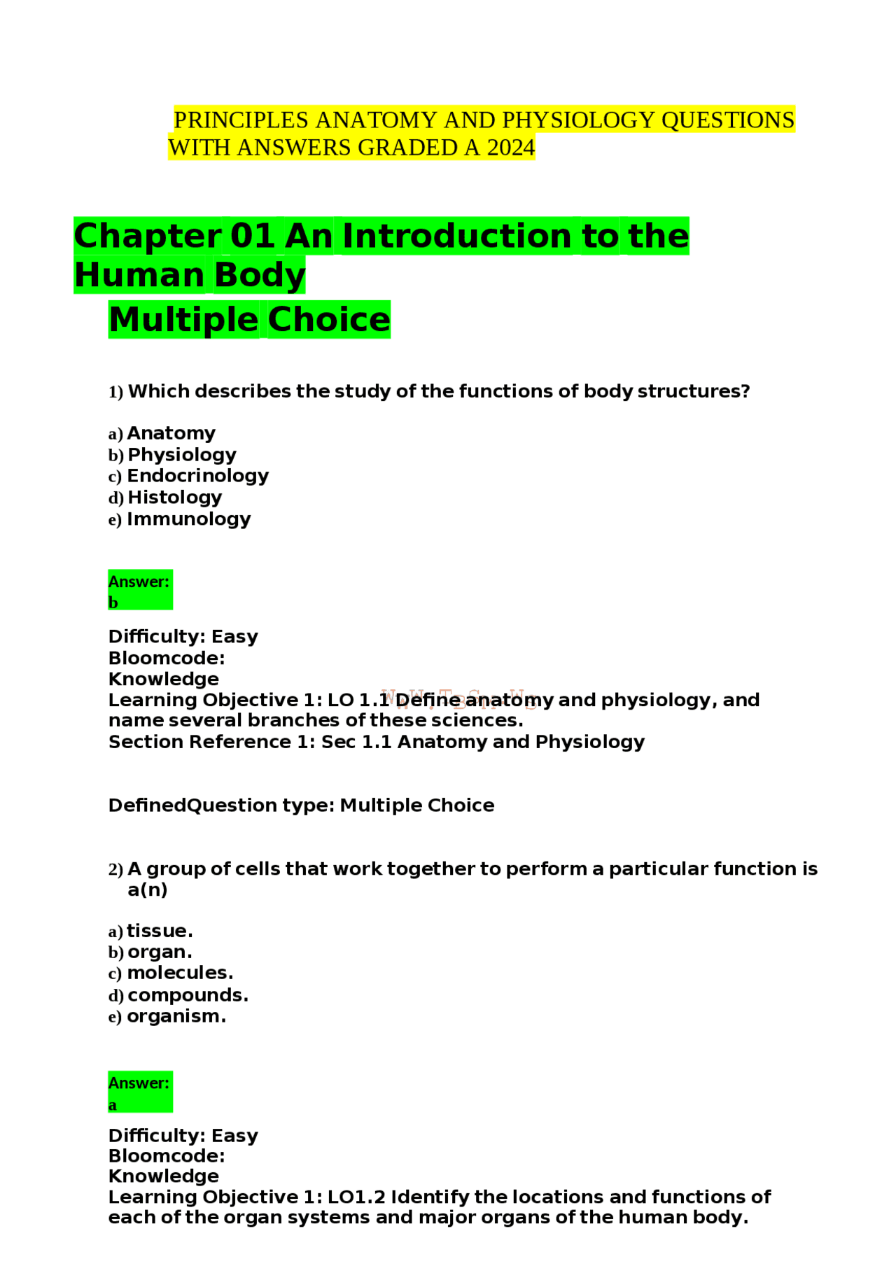 Anatomy & Physiology Questions: Introduction to the Human Body | Exams ...
