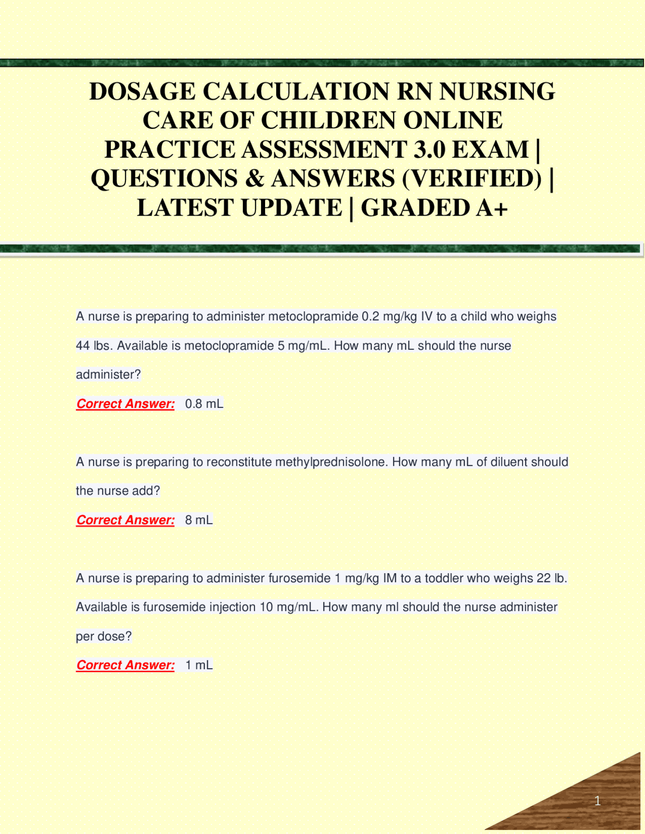 Dosage Calculation Practice Assessment for RN Nursing: Care of Children ...