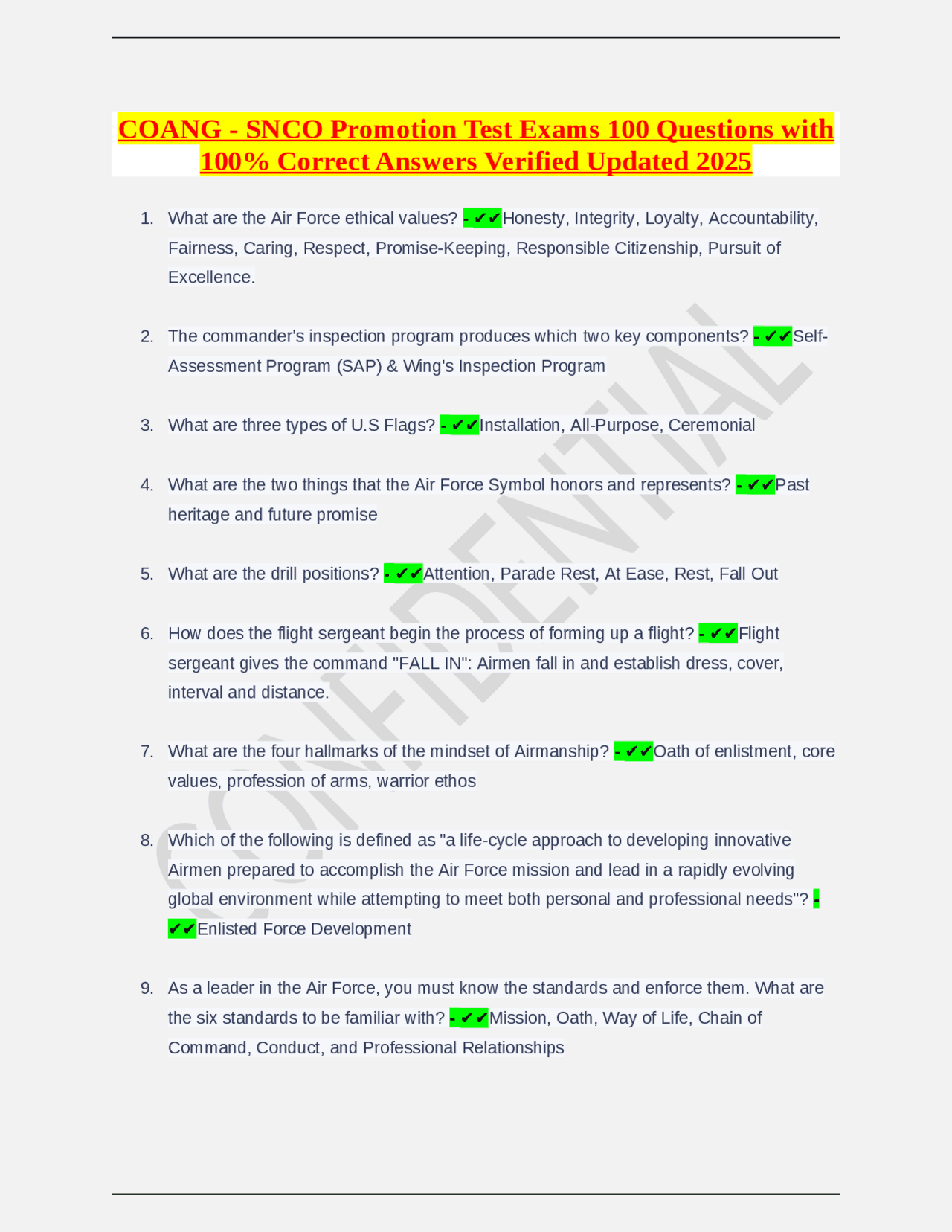 COANG - SNCO Promotion Test Exams: 100 Questions with 100% Correct ...