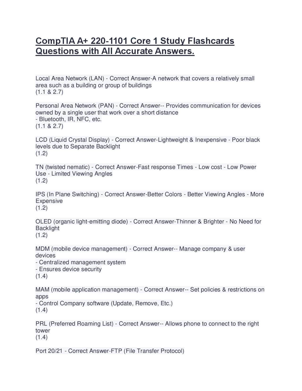 CompTIA A+ 220-1101 Core 1 Study Flashcards Questions with All Accurate ...