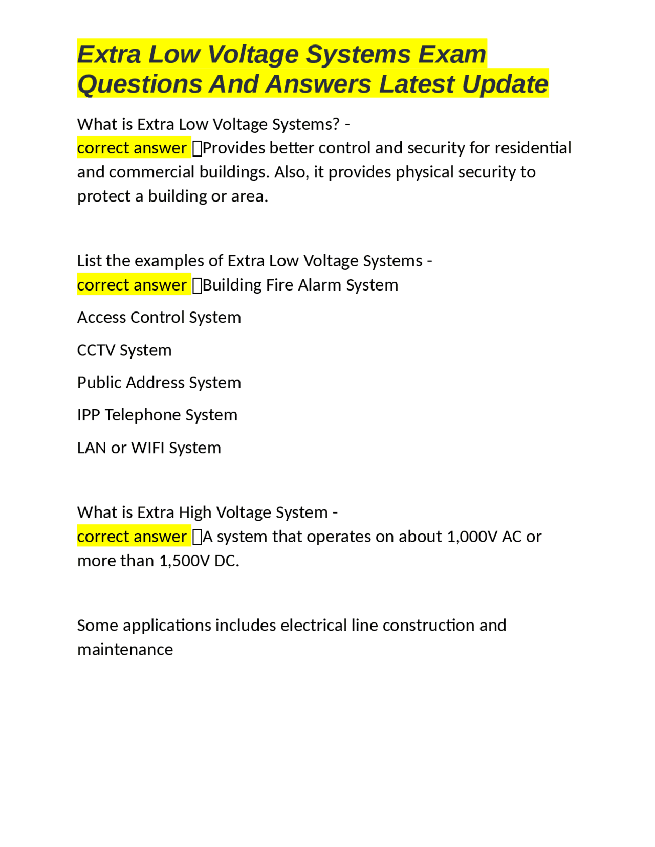 Extra Low Voltage Systems Exam Questions and Answers | Exams Low Power Electronic Systems | Docsity