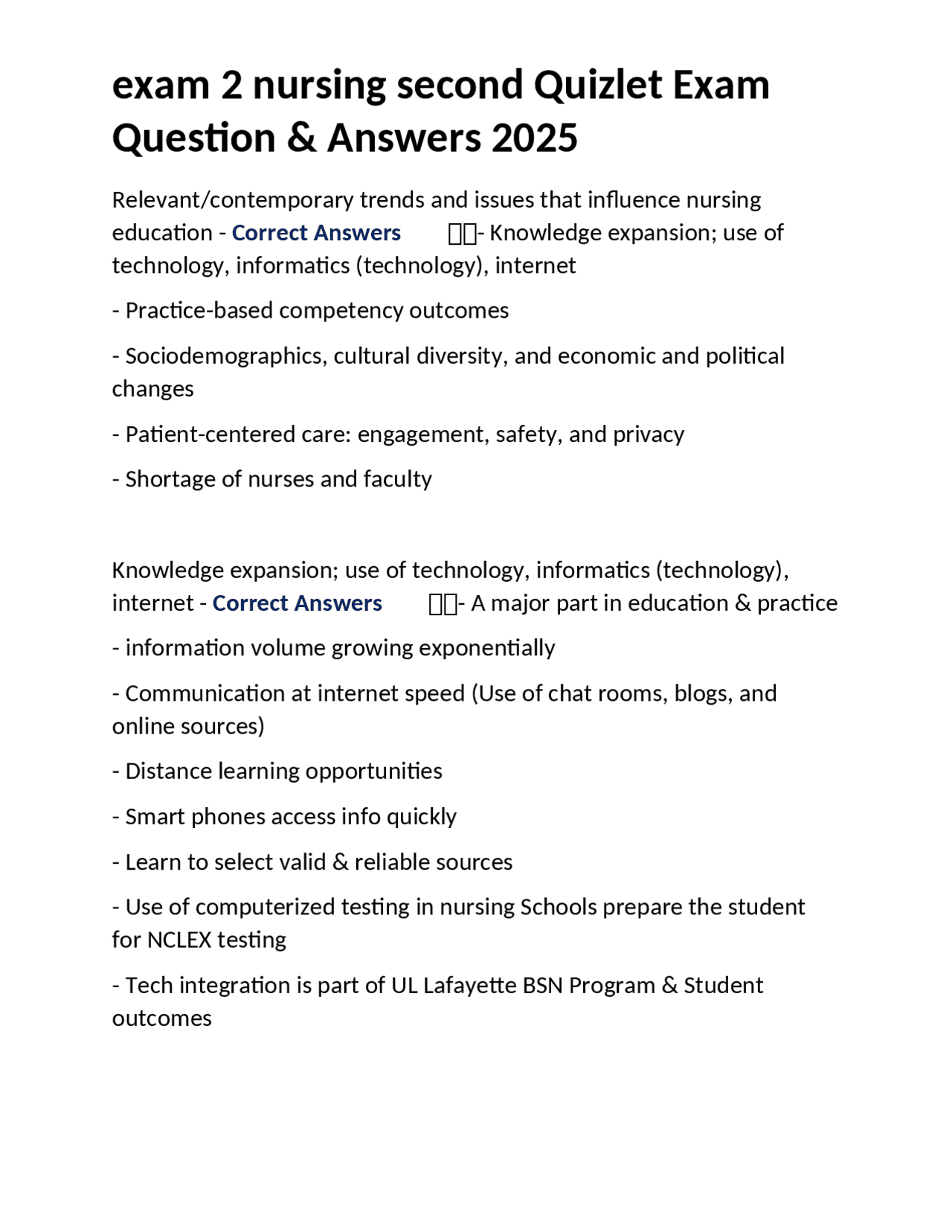 exam 2 nursing second Quizlet Exam Question & Answers 2025 | Exams ...