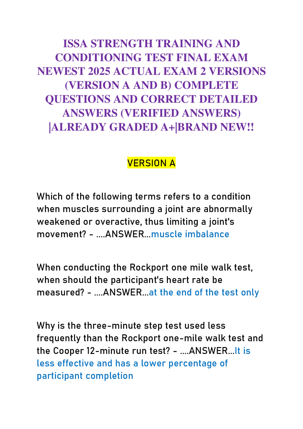 ISSA STRENGTH TRAINING AND CONDITIONING TEST FINAL EXAM NEWEST 2025 ...