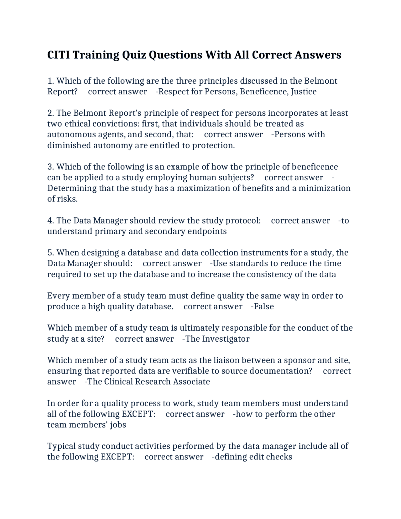 CITI Training Quiz Questions and Answers: Ethical Considerations in ...