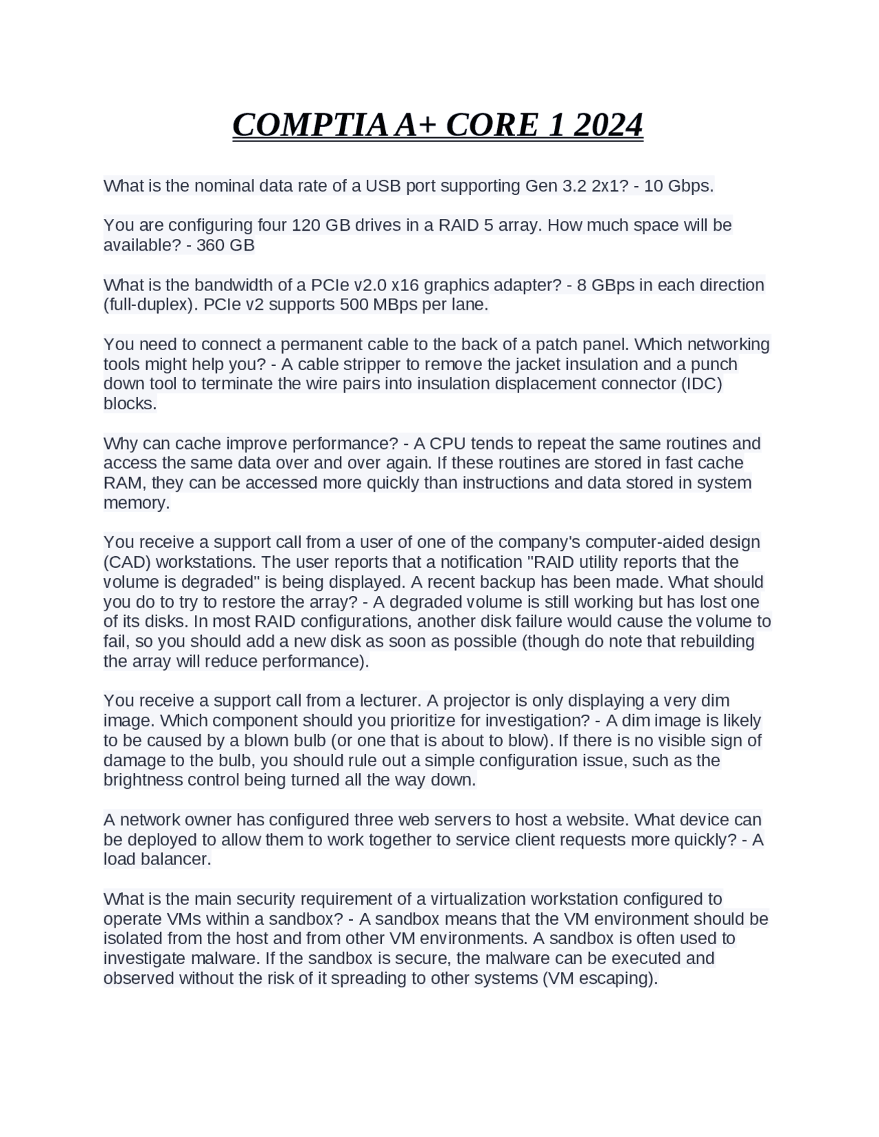 COMPTIA A+ CORE 1 2024 REVISION | Exams Advanced Education | Docsity