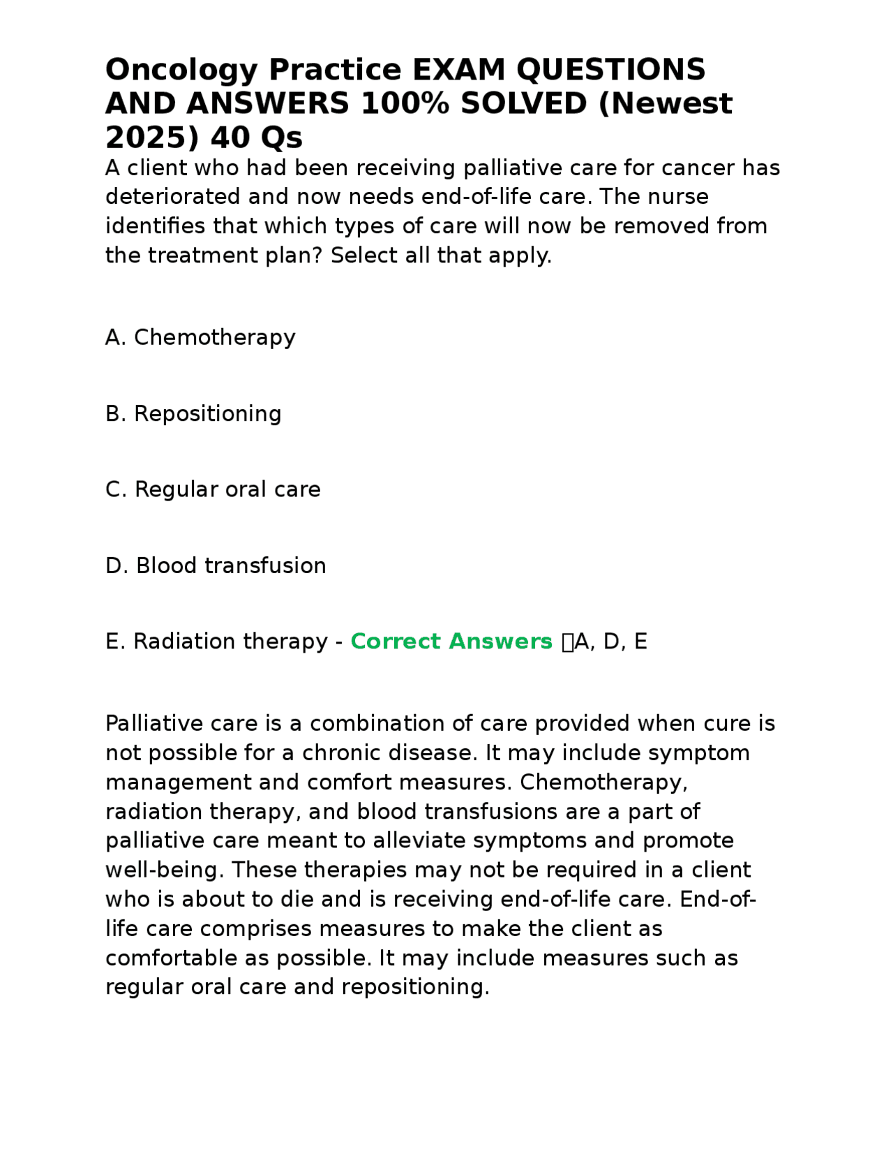 Oncology Practice Exam Questions and Answers | Exams Nursing | Docsity