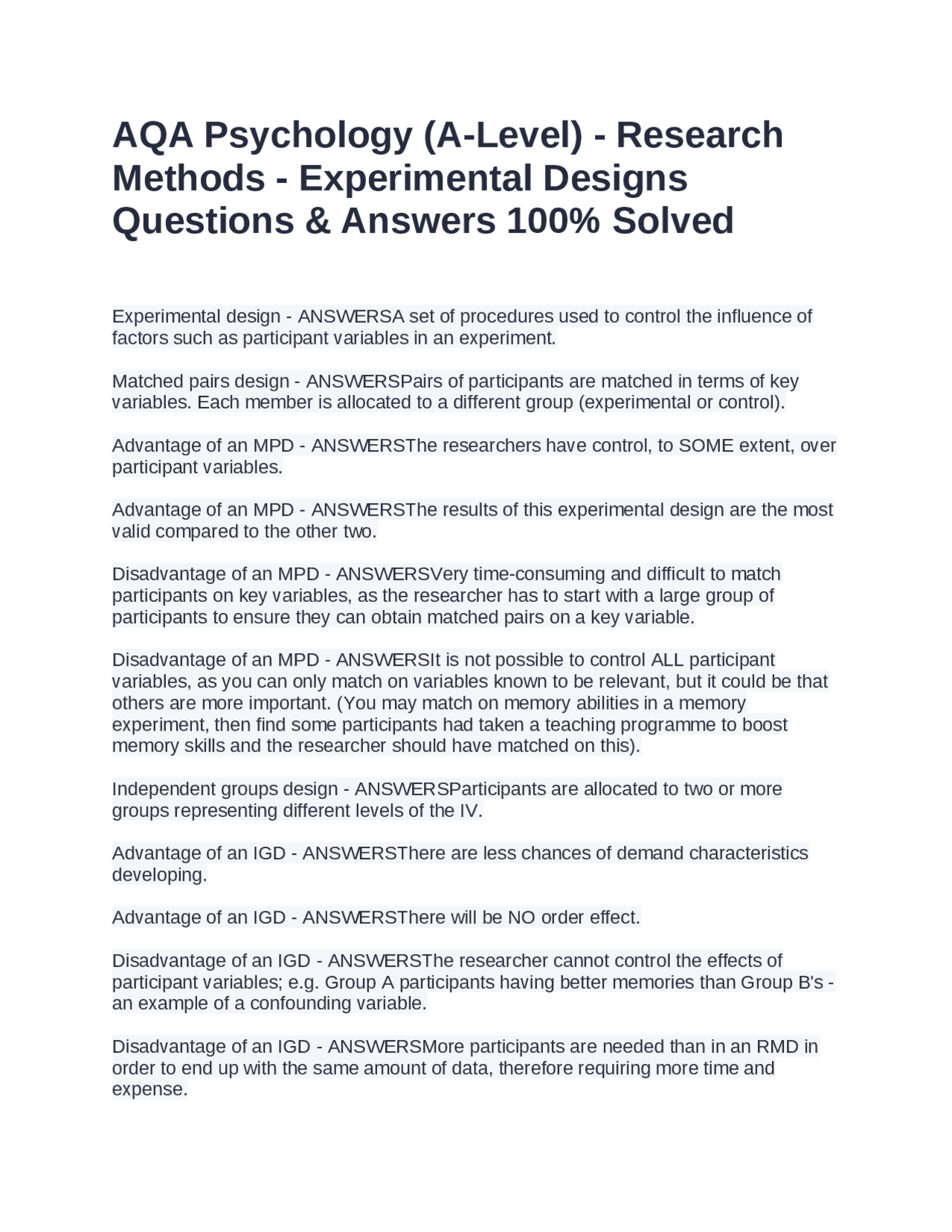 AQA Psychology (A-Level) - Research Methods - Experimental Designs: Questions & Answers | Exams ...