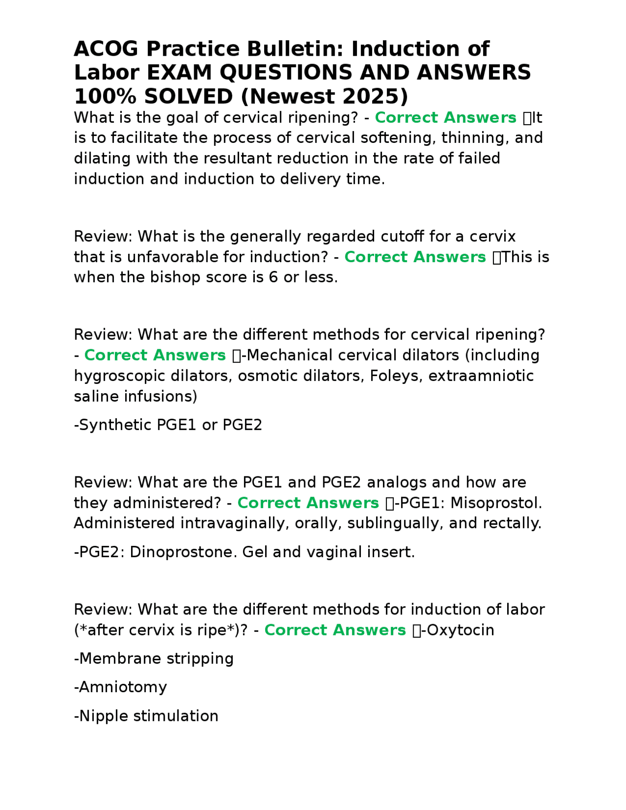 ACOG Practice Bulletin: Induction of Labor - Exam Questions and Answers ...