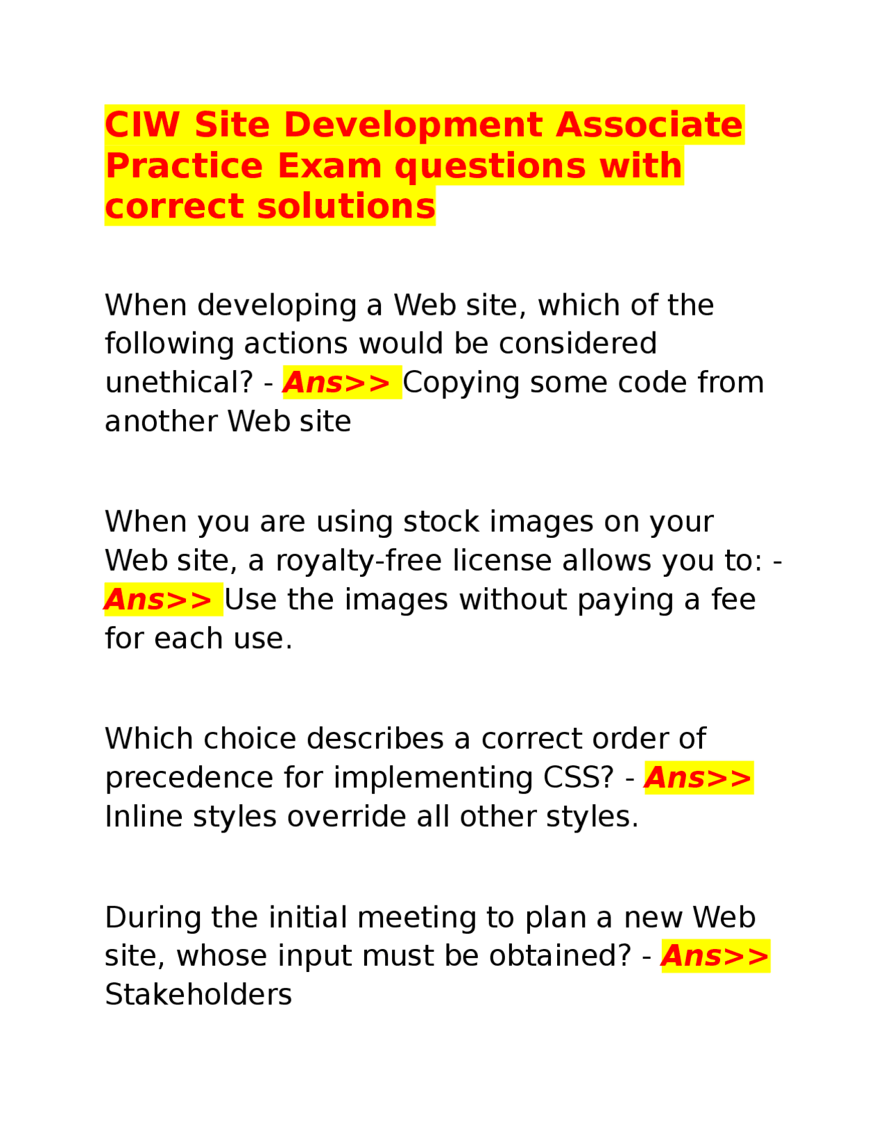 CIW Site Development Associate Practice Exam Questions and Answers ...